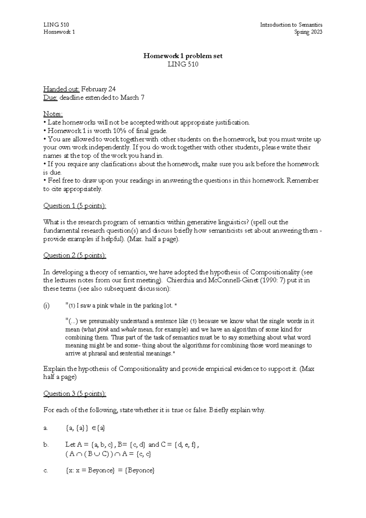 Homework 1 S23 - HW 1 - LING 510Homework 1 Introduction to SemanticsSpring 2023 Homework 1 ...