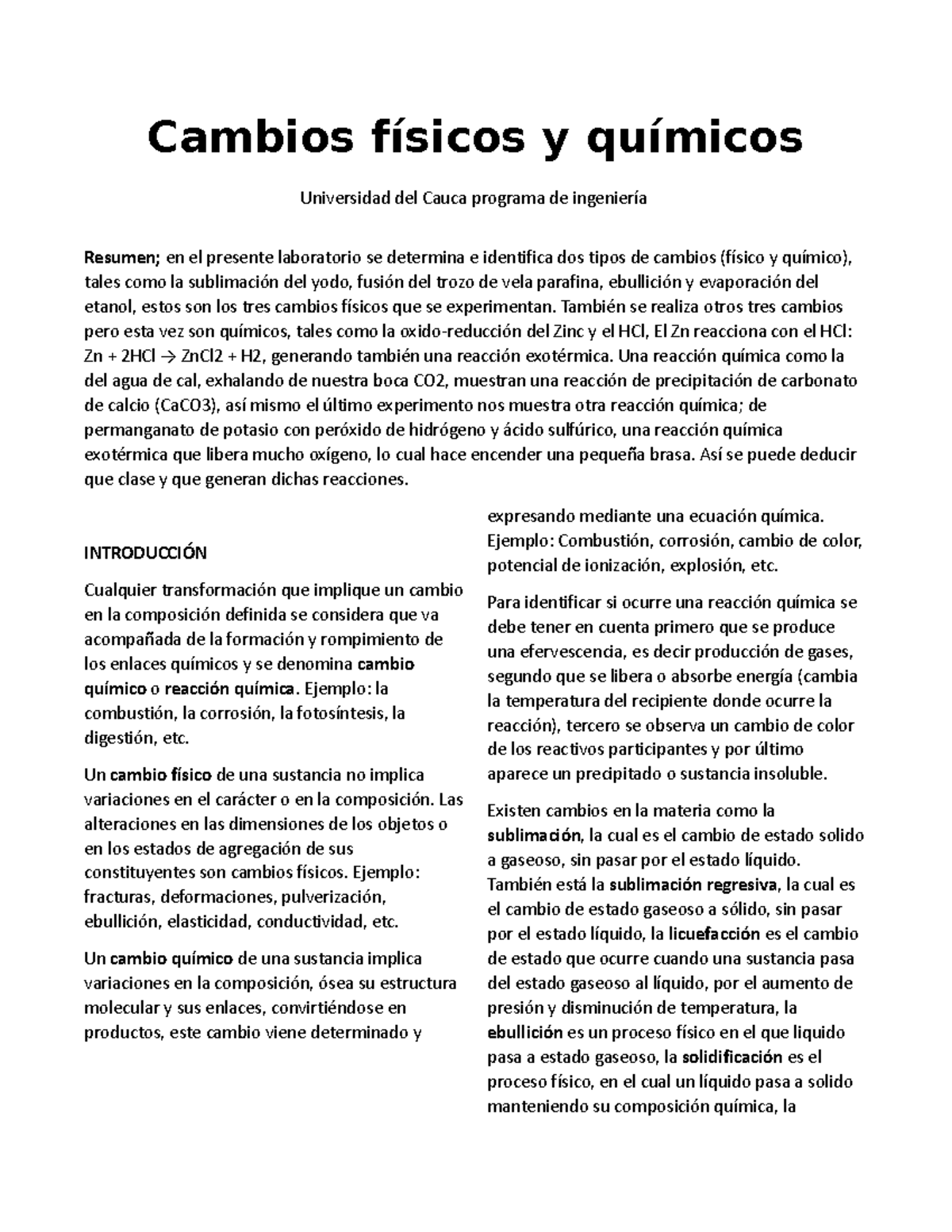 Cambios físicos y químicos - Cambios físicos y químicos Universidad del ...