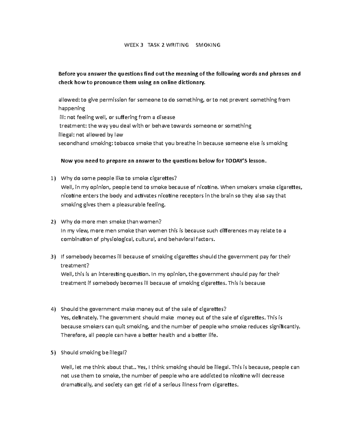 Students' WEEK 3 TASK 2 Writing Smoking Questions - English - Studocu