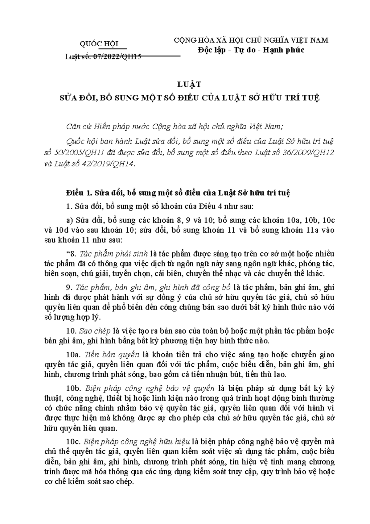 Luat So huu tri tue sua doi - QUỐC HỘI Luật số: 07/2022/QH CỘNG HÒA XÃ ...