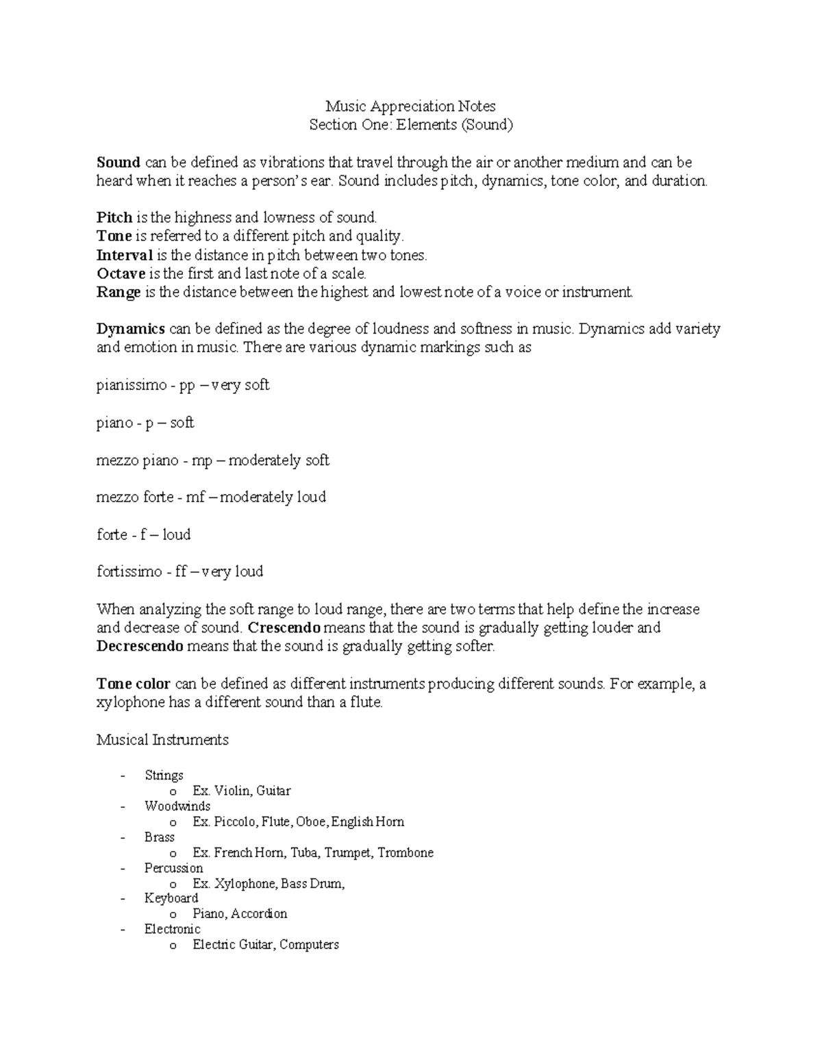 Music Appreciation - Sound - Music Appreciation Notes Section One ...