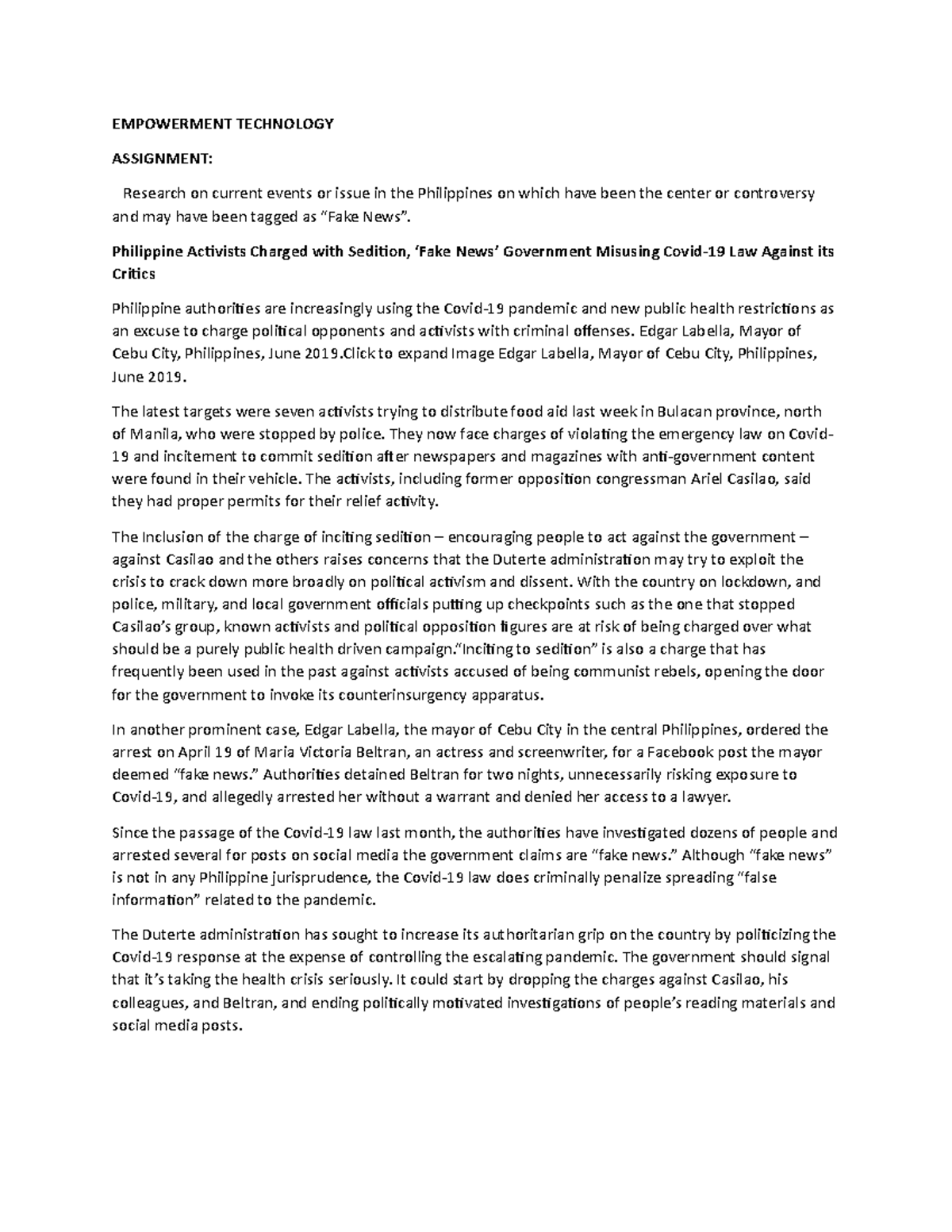 Calderon emtech assignment - EMPOWERMENT TECHNOLOGY ASSIGNMENT: Research on current events or ...