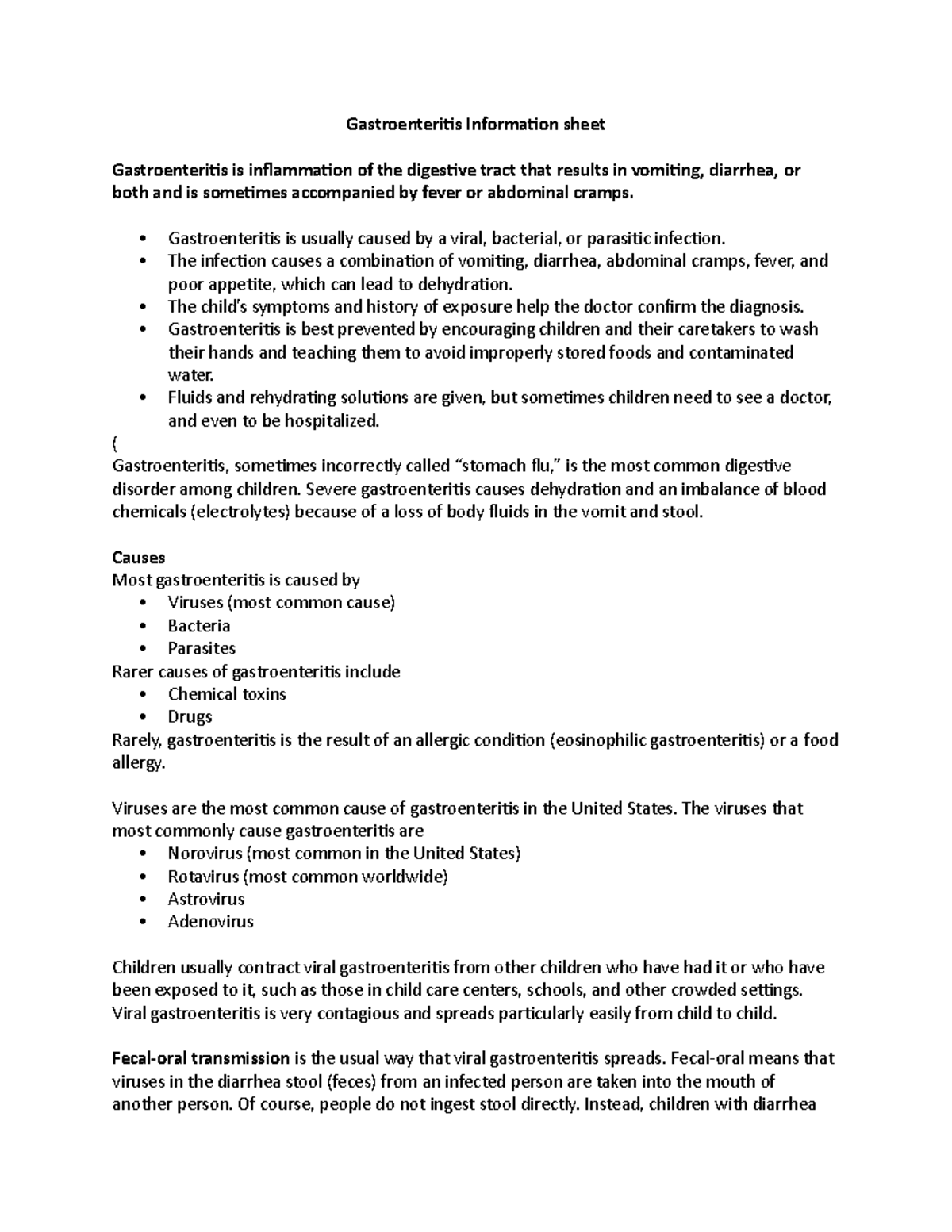 Gastroenteritis Information sheet - Gastroenteritis Information sheet ...