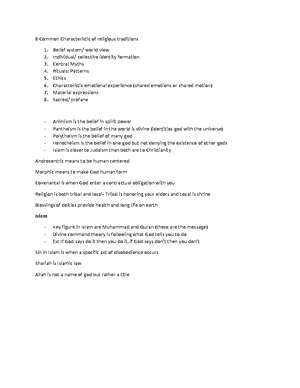 Test 1 notes - Religion 102 - Michael Brislen test 1 - Religion is a ...