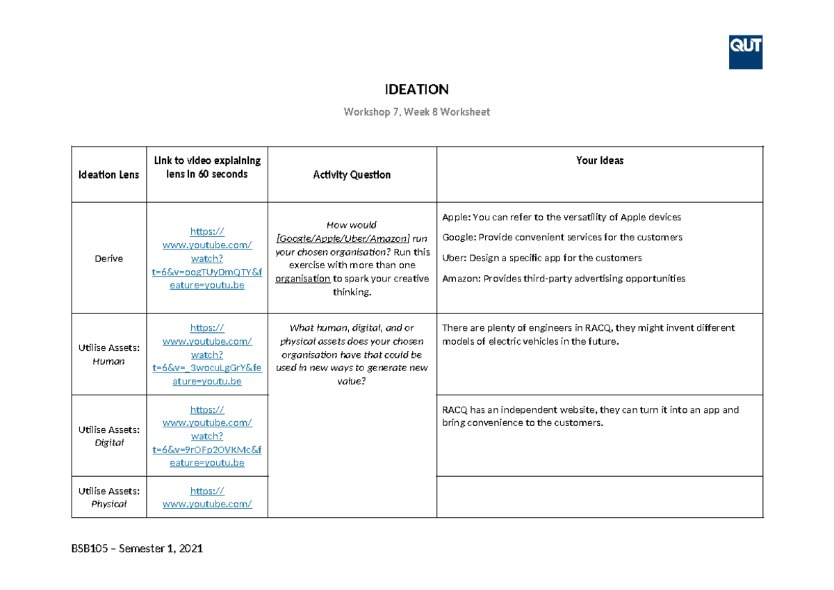 Ideation W7W8 worksheet - IDEATION Workshop 7, Week 8 Worksheet ...