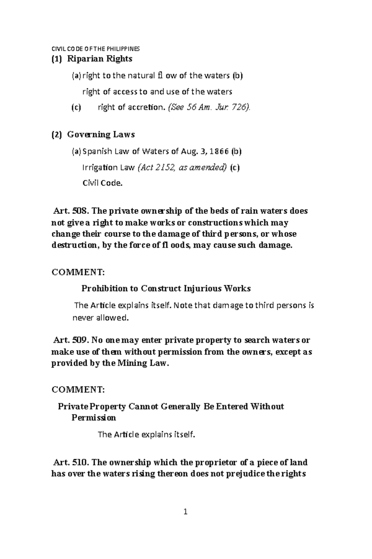 Property law m94 - (1) Riparian Rights (a) right to the natural fl ow ...