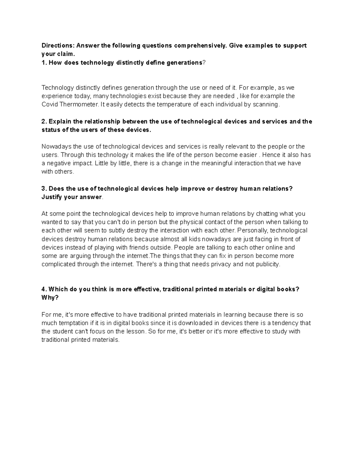 Unit 4 - Lesson 4 - Directions: Answer the following questions ...