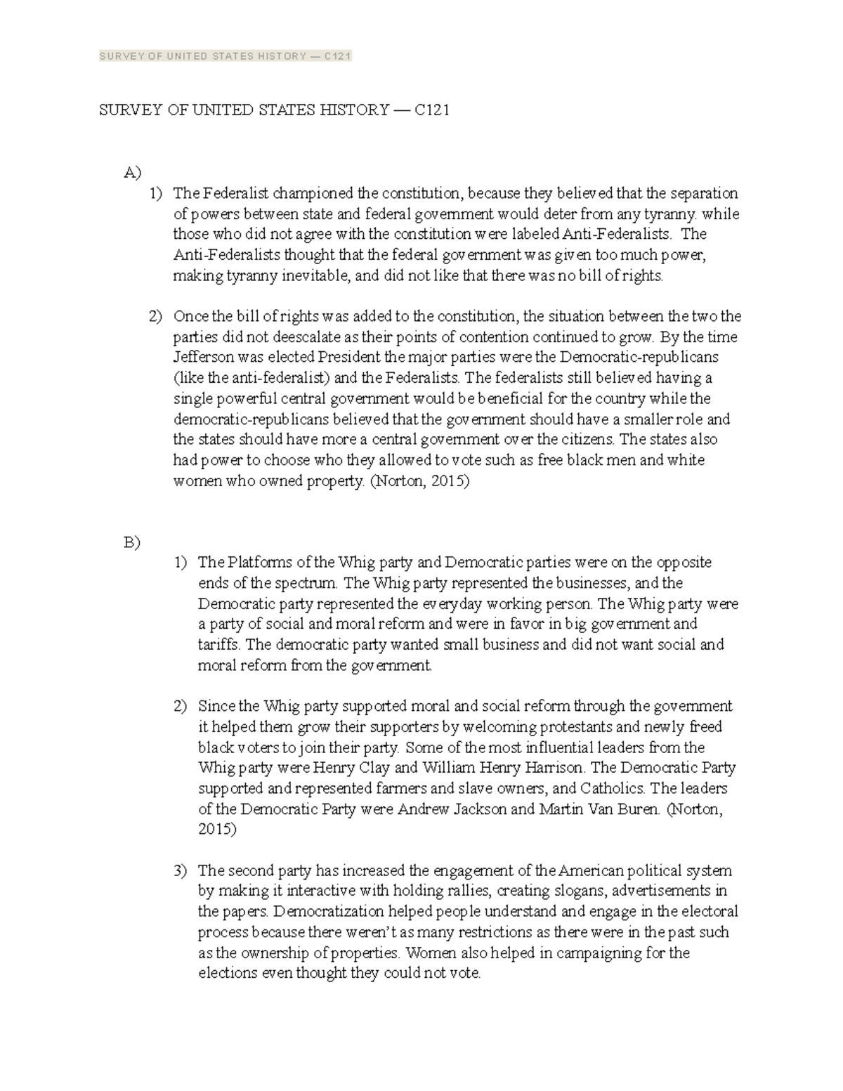 US History Task 2 - SURVEY OF UNITED STATES HISTORY — C SURVEY OF ...