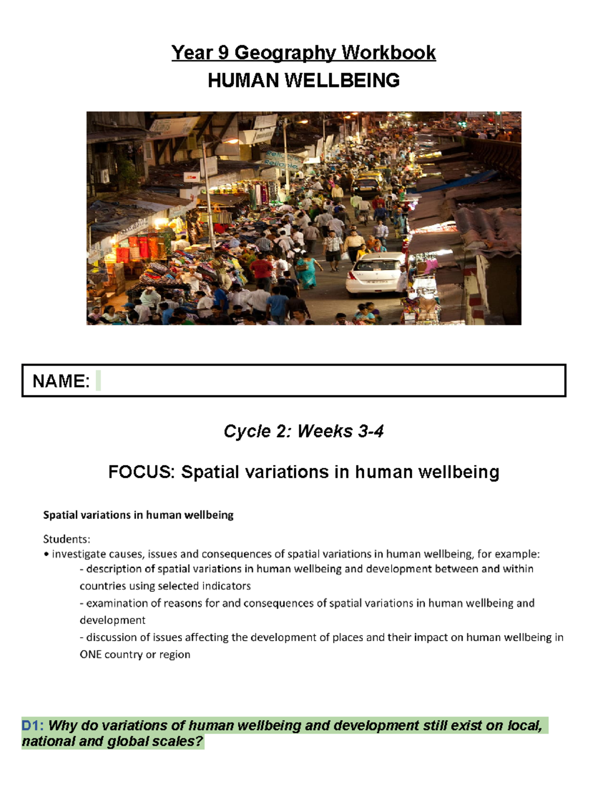 Online Cycle 2 Year 9 Human Wellbeing - Year 9 Geography Workbook HUMAN ...