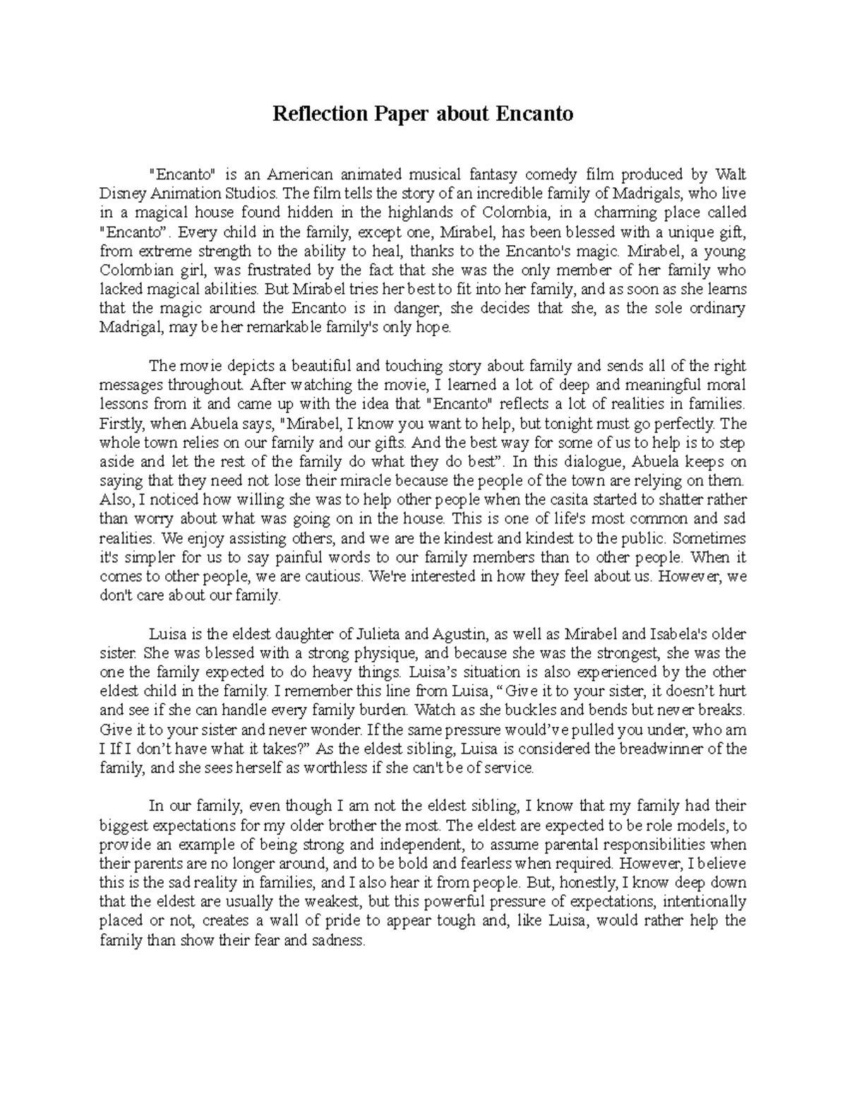 Encanto-Reflection-Paper - Reflection Paper about Encanto "Encanto" is ...