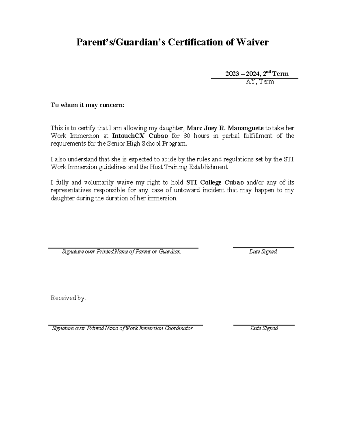 04 Waiver FORM Template - Parent’s/Guardian’s Certification of Waiver ...