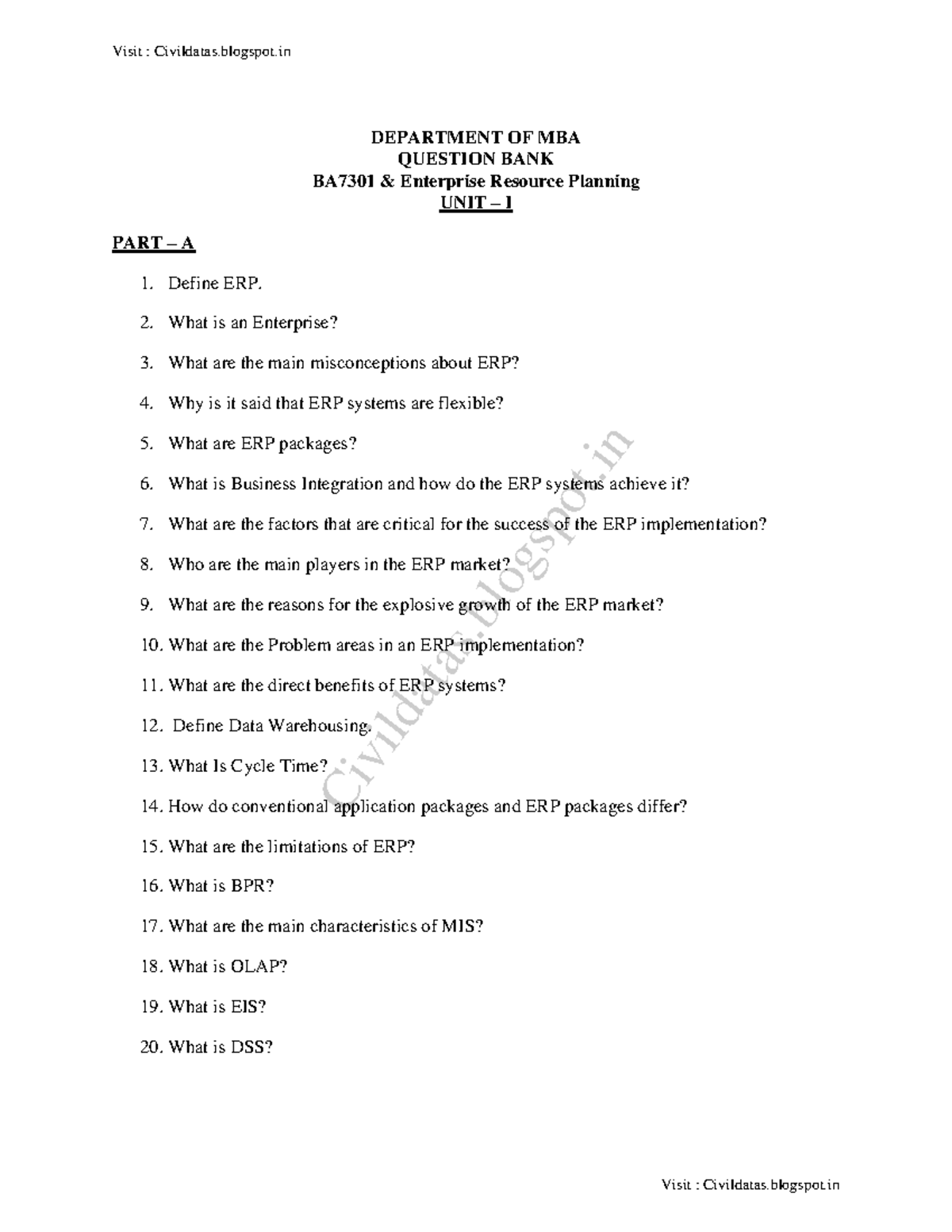 BA7301-Enterprise Resource Planning question bank edited - DEPARTMENT ...