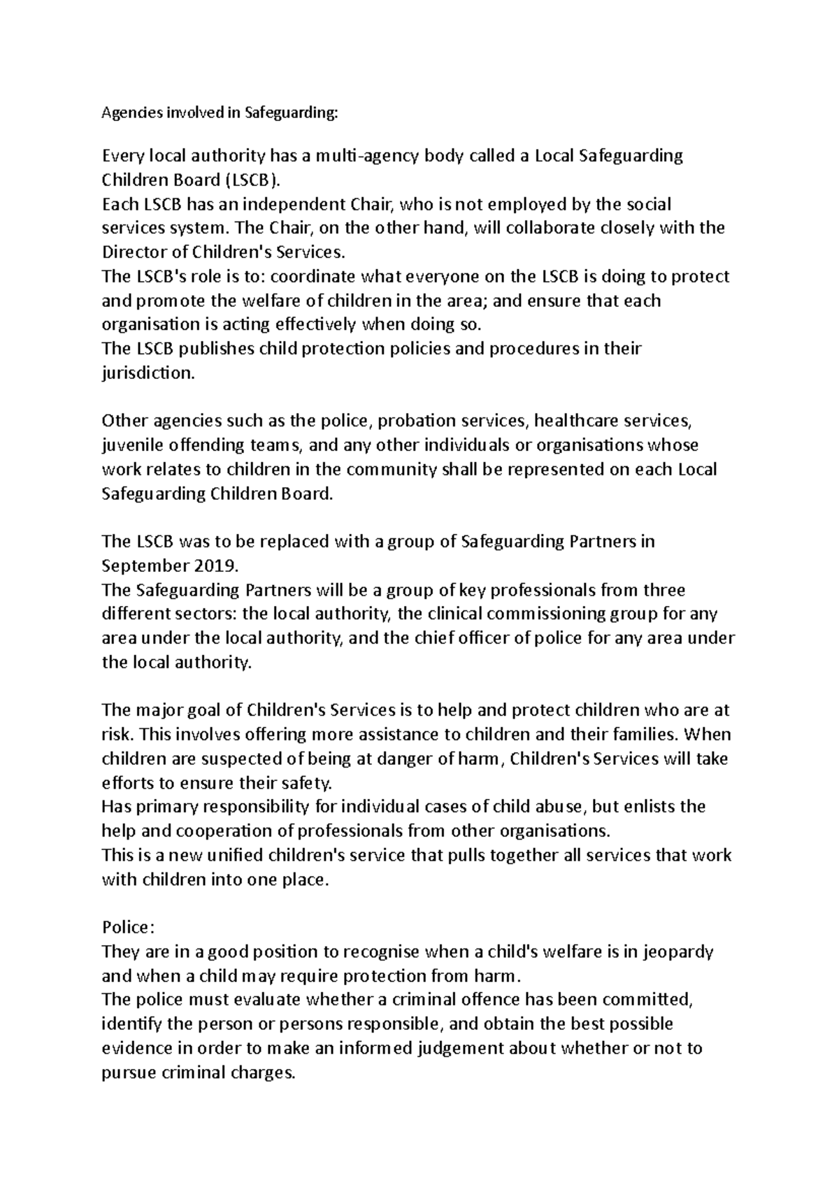 Agencies involved in Safeguarding - Each LSCB has an independent Chair ...