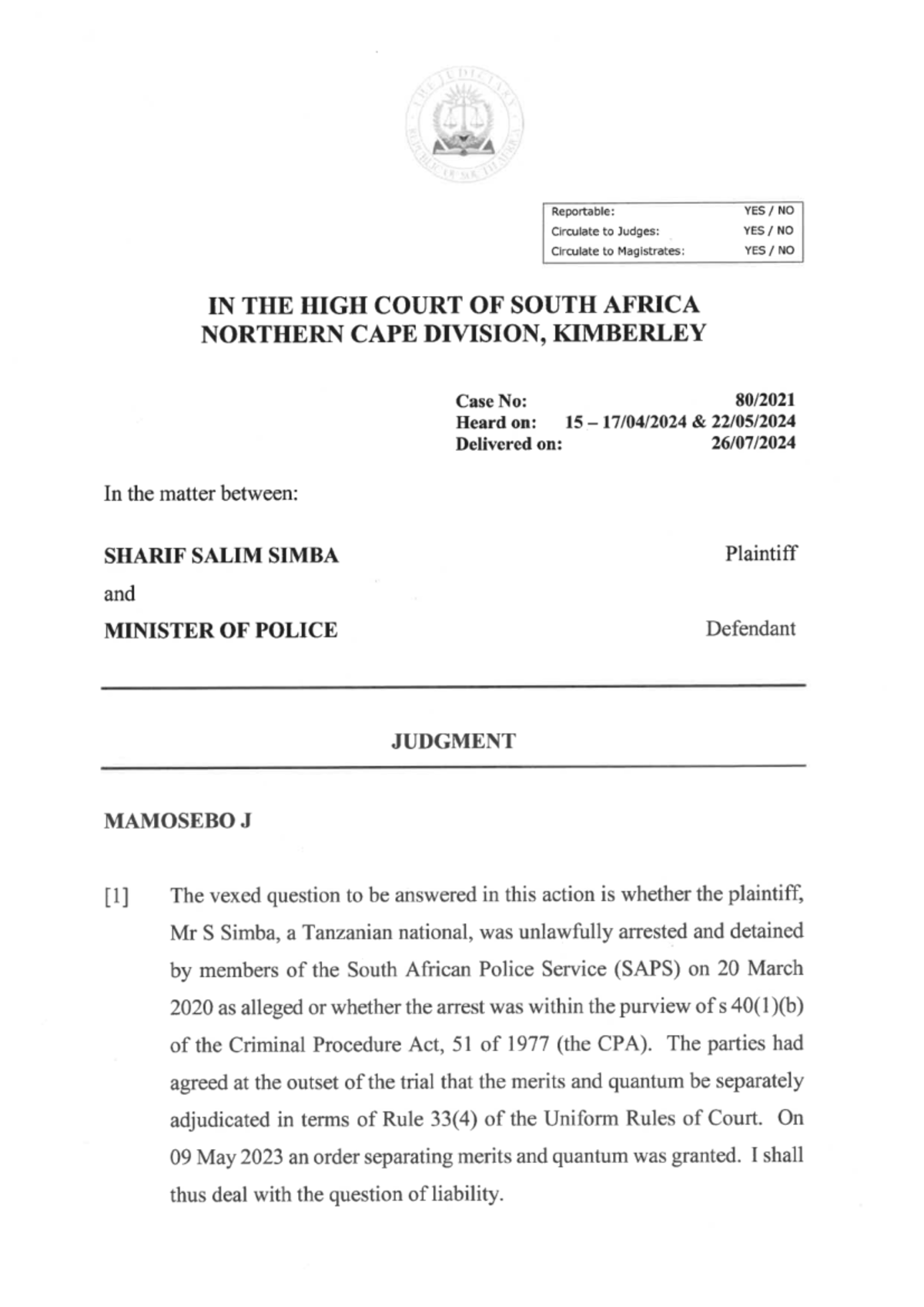 Simba V MIN OF Police - Reportable: YES NO Circulate to Judges: YES NO ...