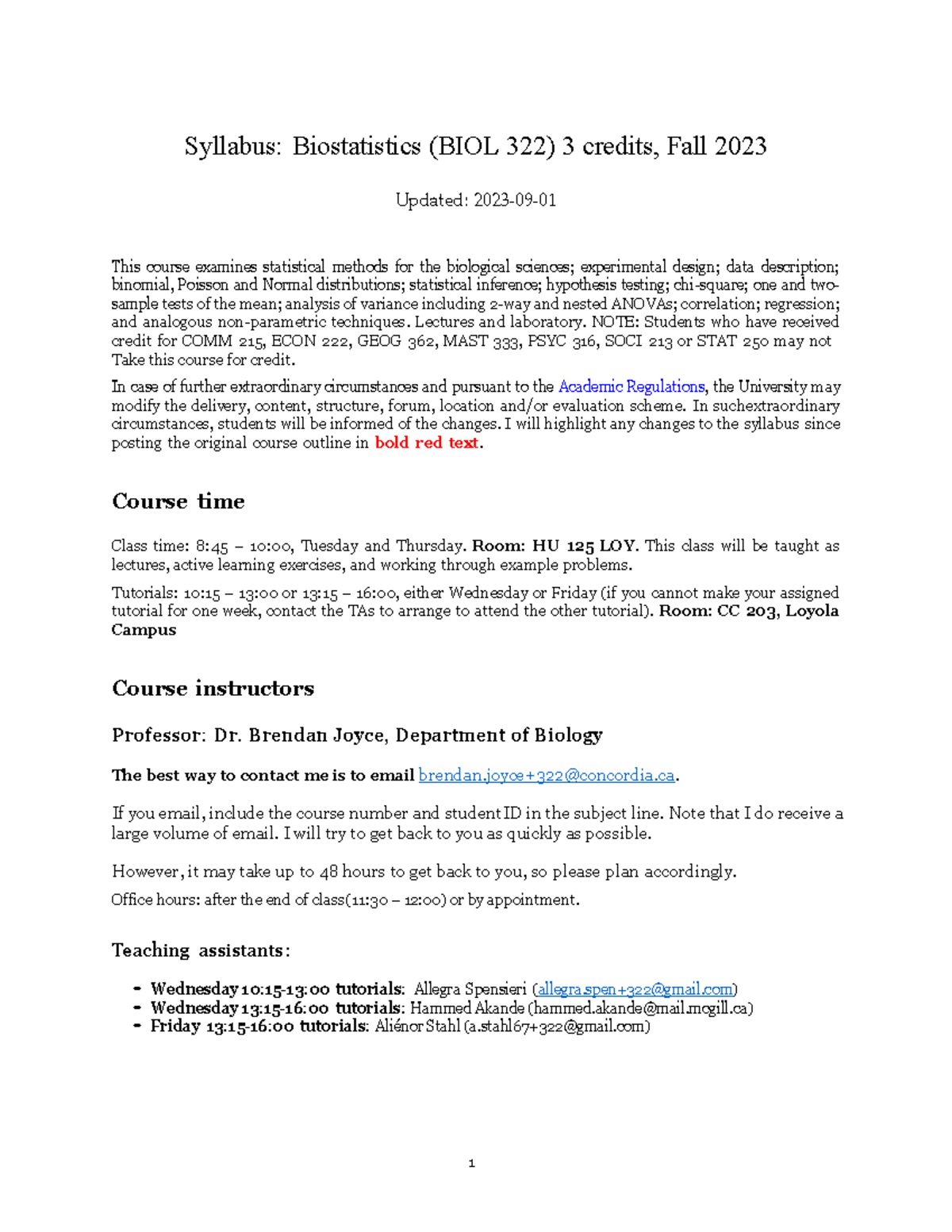 BIOL 322 Outline - Syllabus: Biostatistics (BIOL 322) 3 credits, Fall 2023 Updated: 2023 - 09 ...