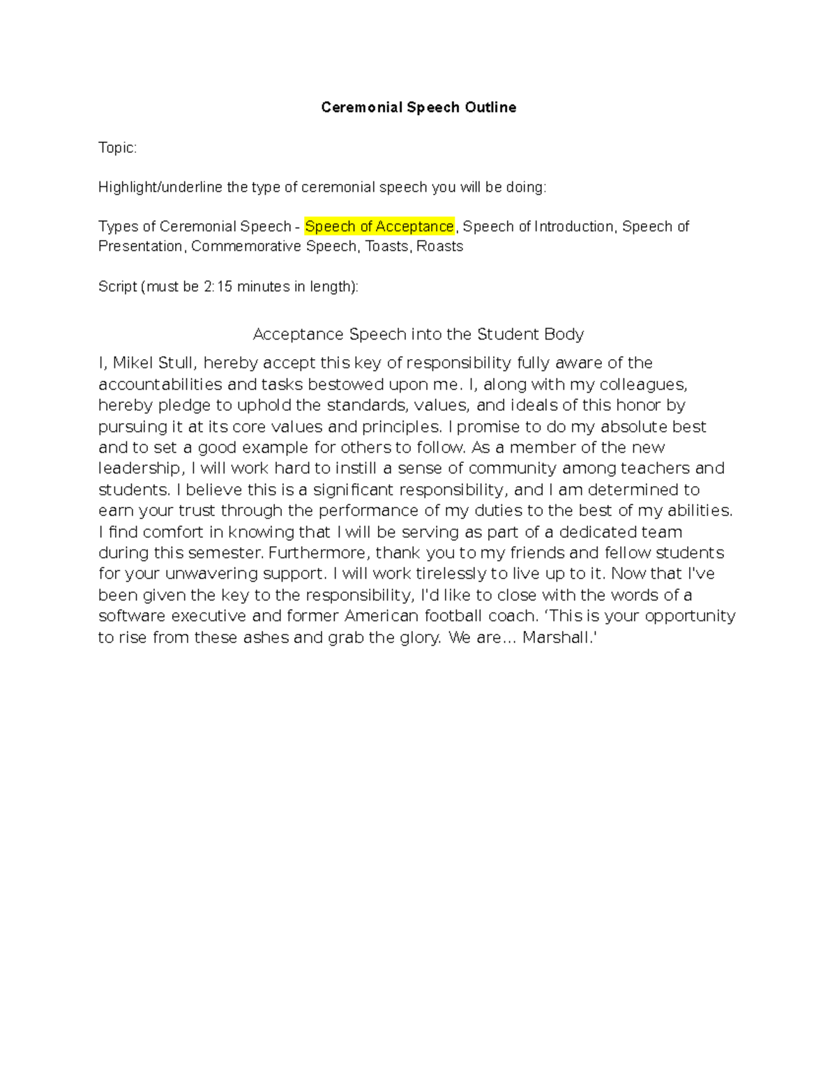 Ceremonial Speech Outline Finished - Ceremonial Speech Outline Topic ...