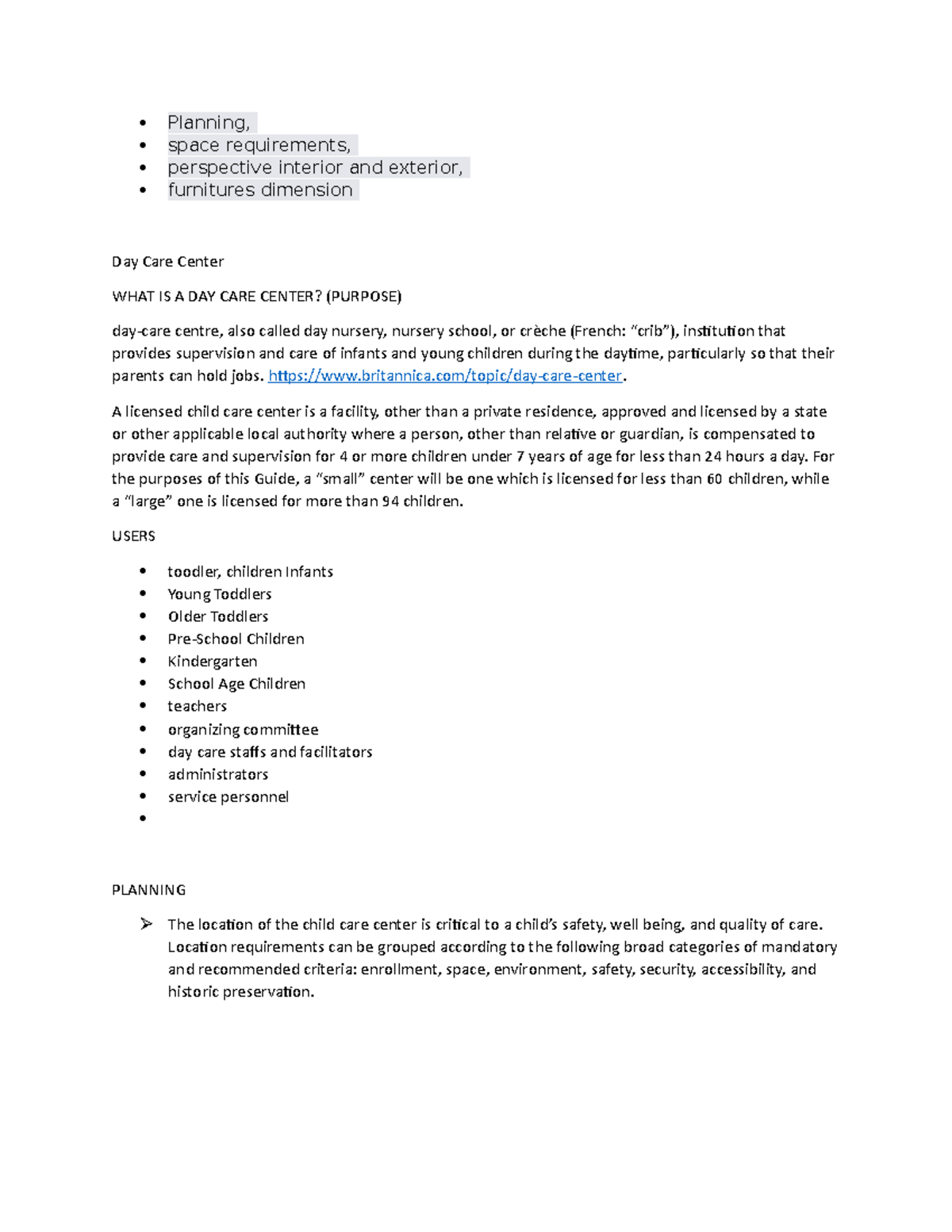 DAY CARE Center - all about assignment - Planning, space requirements ...