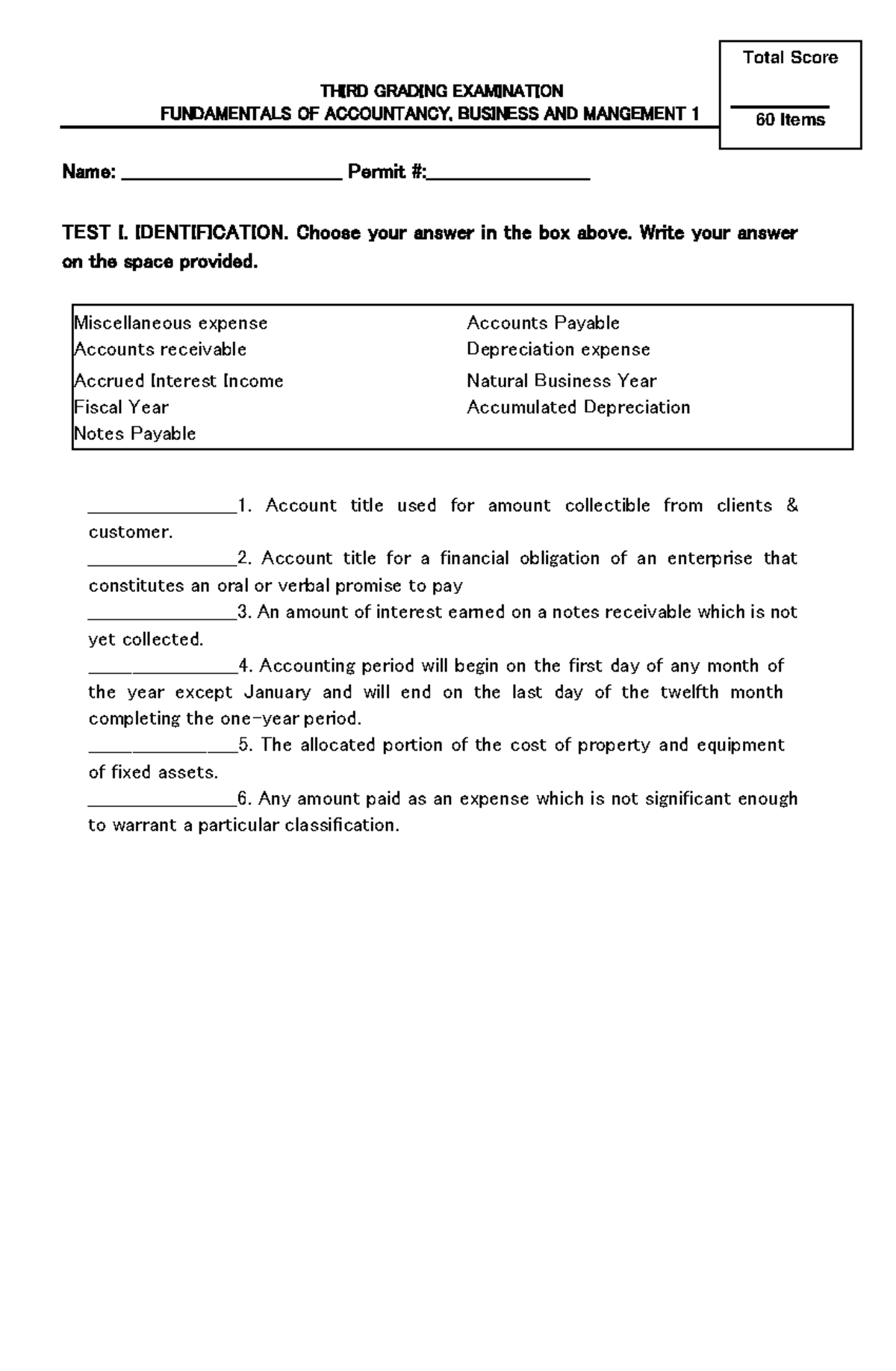 Third Examination - THIRD GRADING EXAMINATION FUNDAMENTALS OF ...