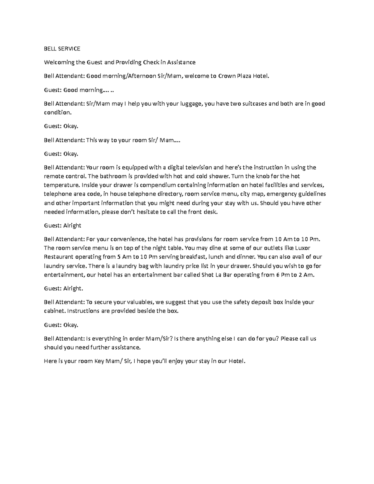 BELL Service - BELL SERVICE Welcoming the Guest and Providing Check in ...