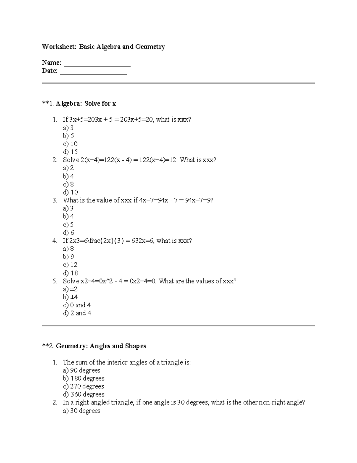 Worksheet Basic Algebra and Geometry - Algebra: Solve for x 1. If 3x+5 ...