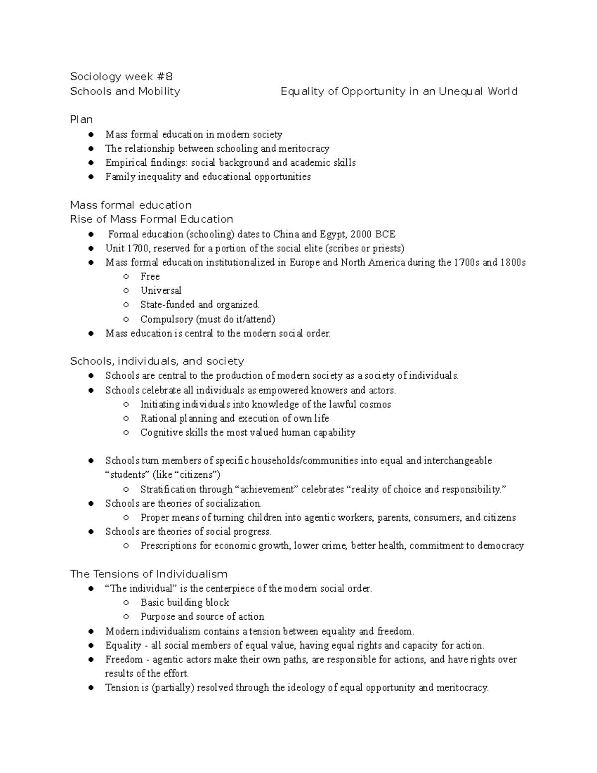 Sociology week #8 a - Sociology week # Schools and Mobility Equality of ...