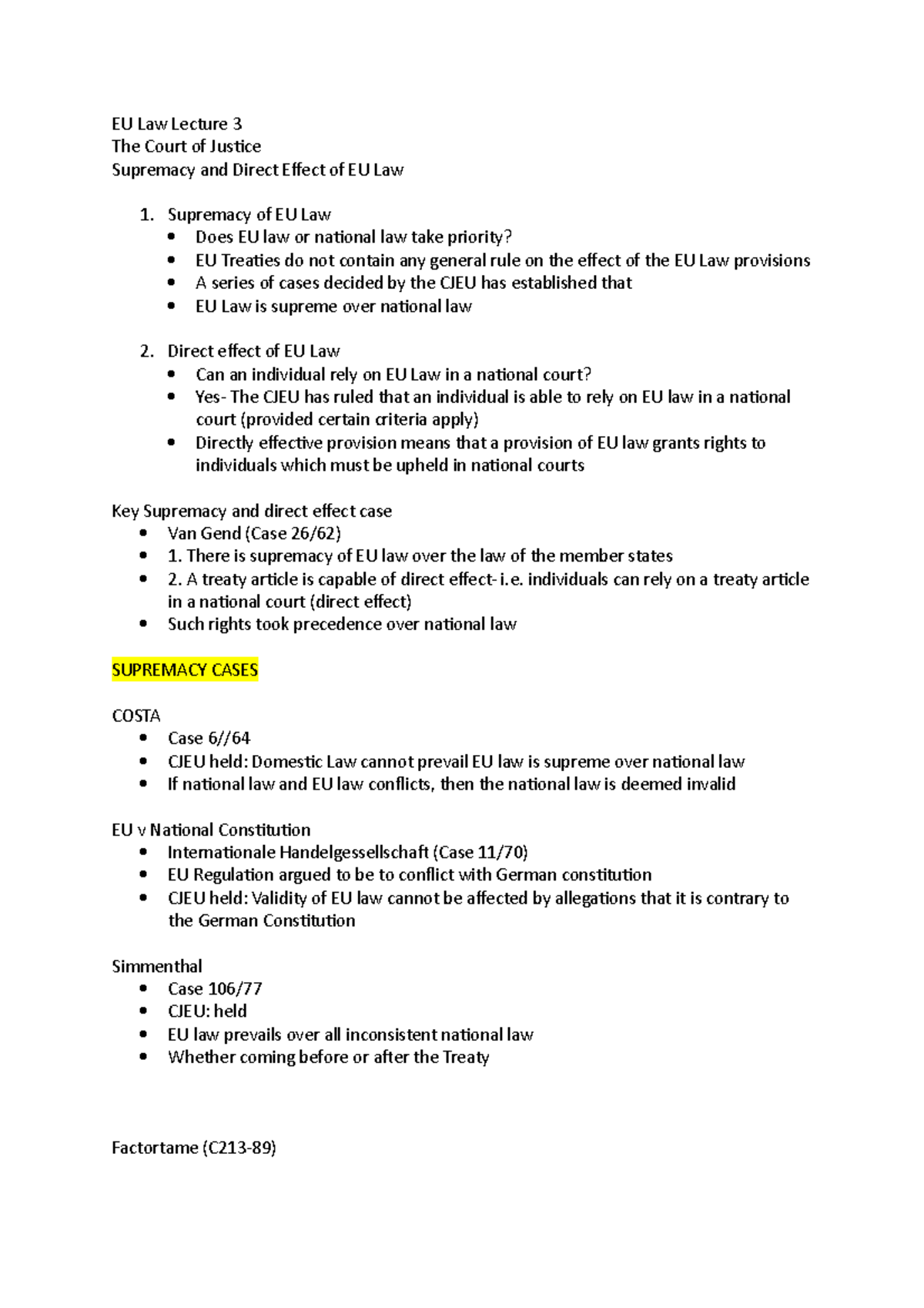 Eu Law Lecture 3 The Court Of Justice Supremacy And Direct Effect Eu Law Lecture 3 The