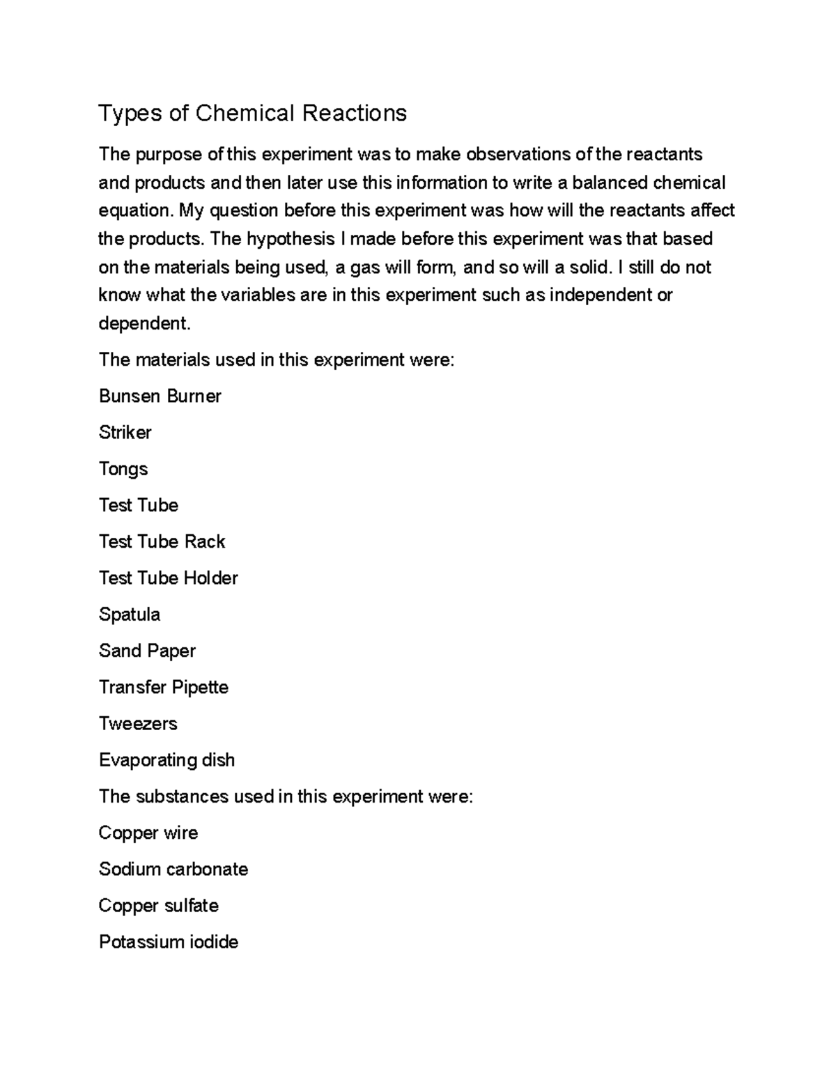 Types of Chemical Reactions lab - Types of Chemical Reactions The ...