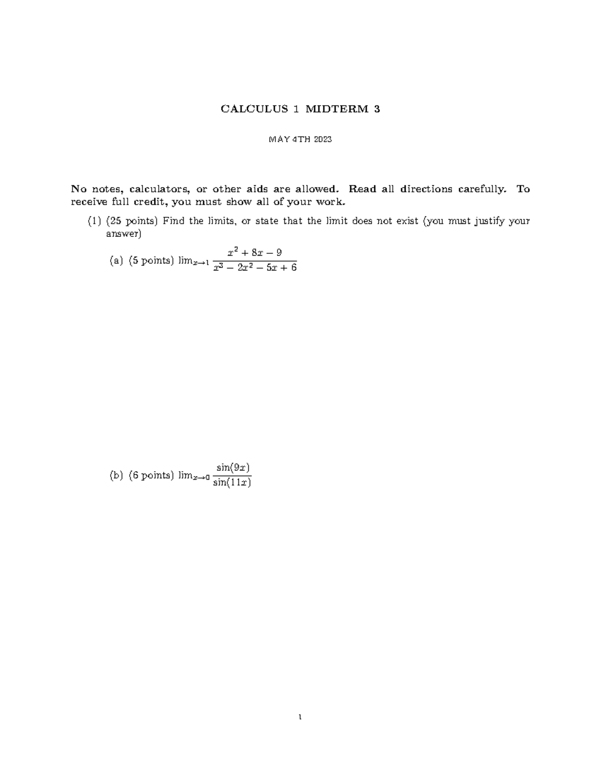 2023 spring midterm practice exam - CALCULUS 1 MIDTERM 3 MAY 4TH 2023 ...