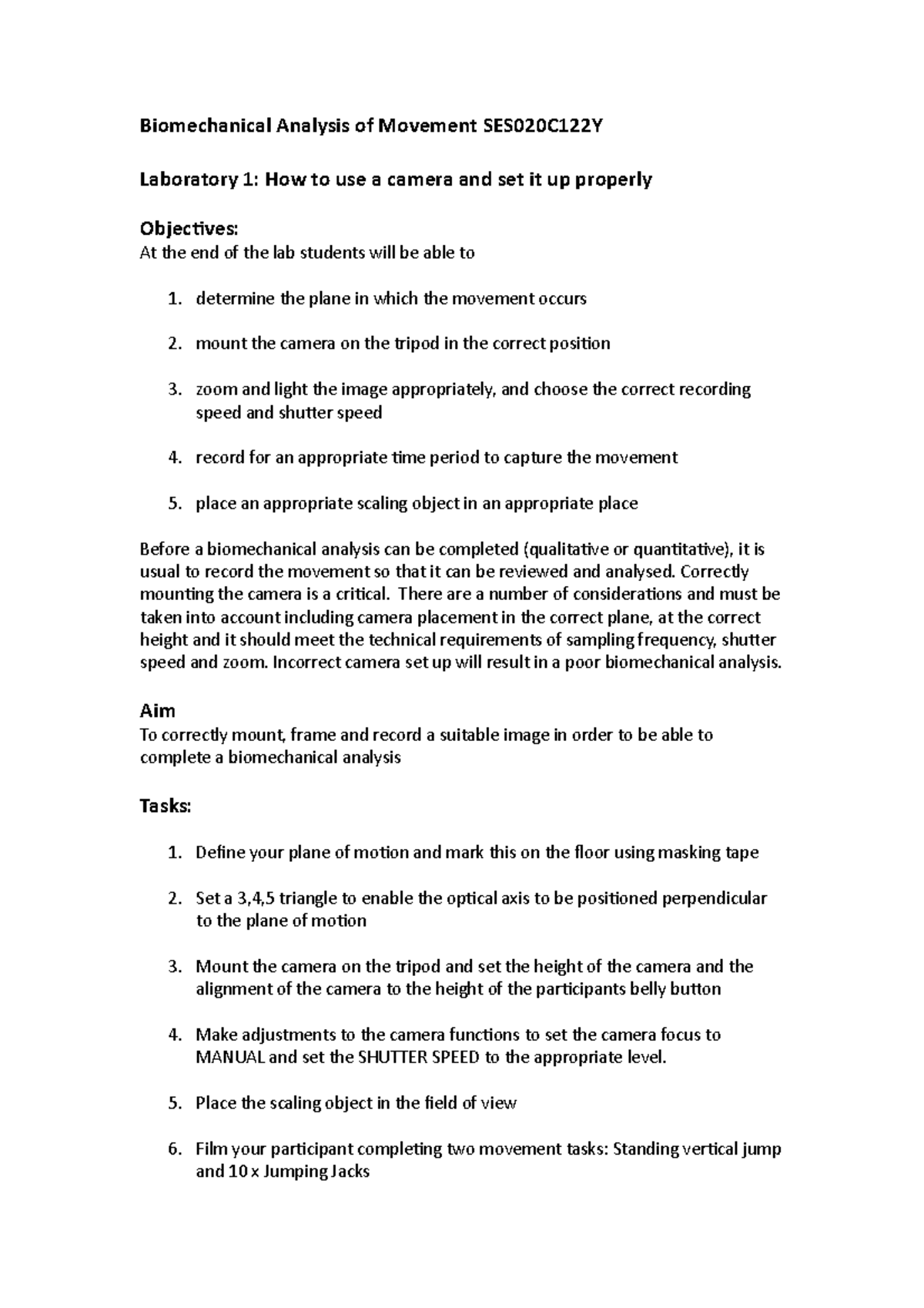 Week 8A Laboratory 1 Filming Handout - Biomechanical Analysis of ...