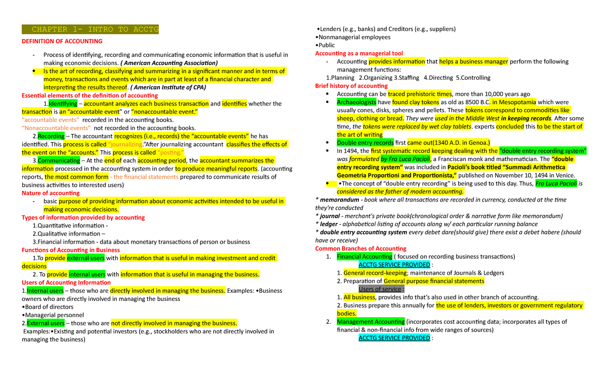 ACTG( Soleprop) LEC - Lecture notes 1-10 - CHAPTER 1- INTRO TO ACCTG ...