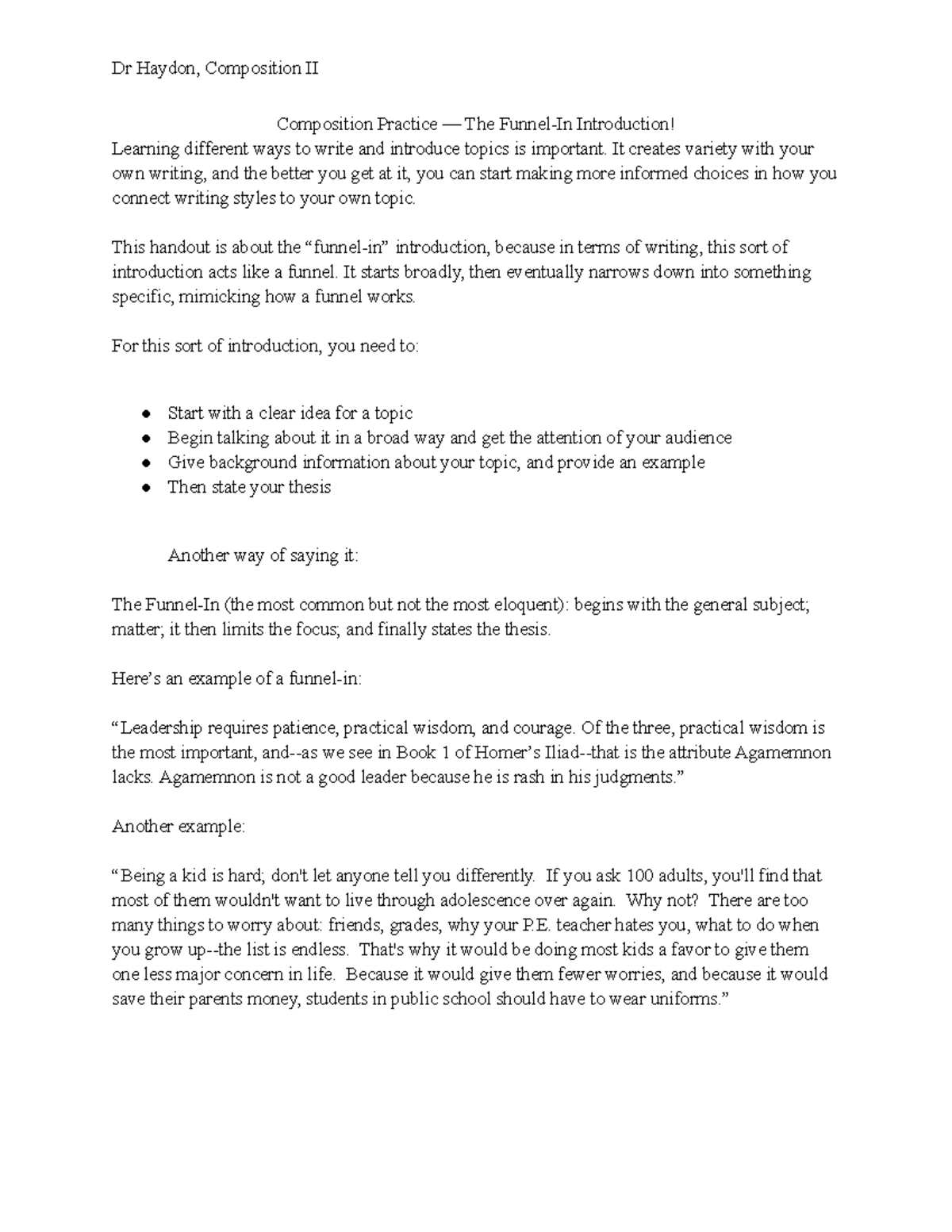 Funnel-In Intro Notes - Method on how to start an essay or paper - Dr ...