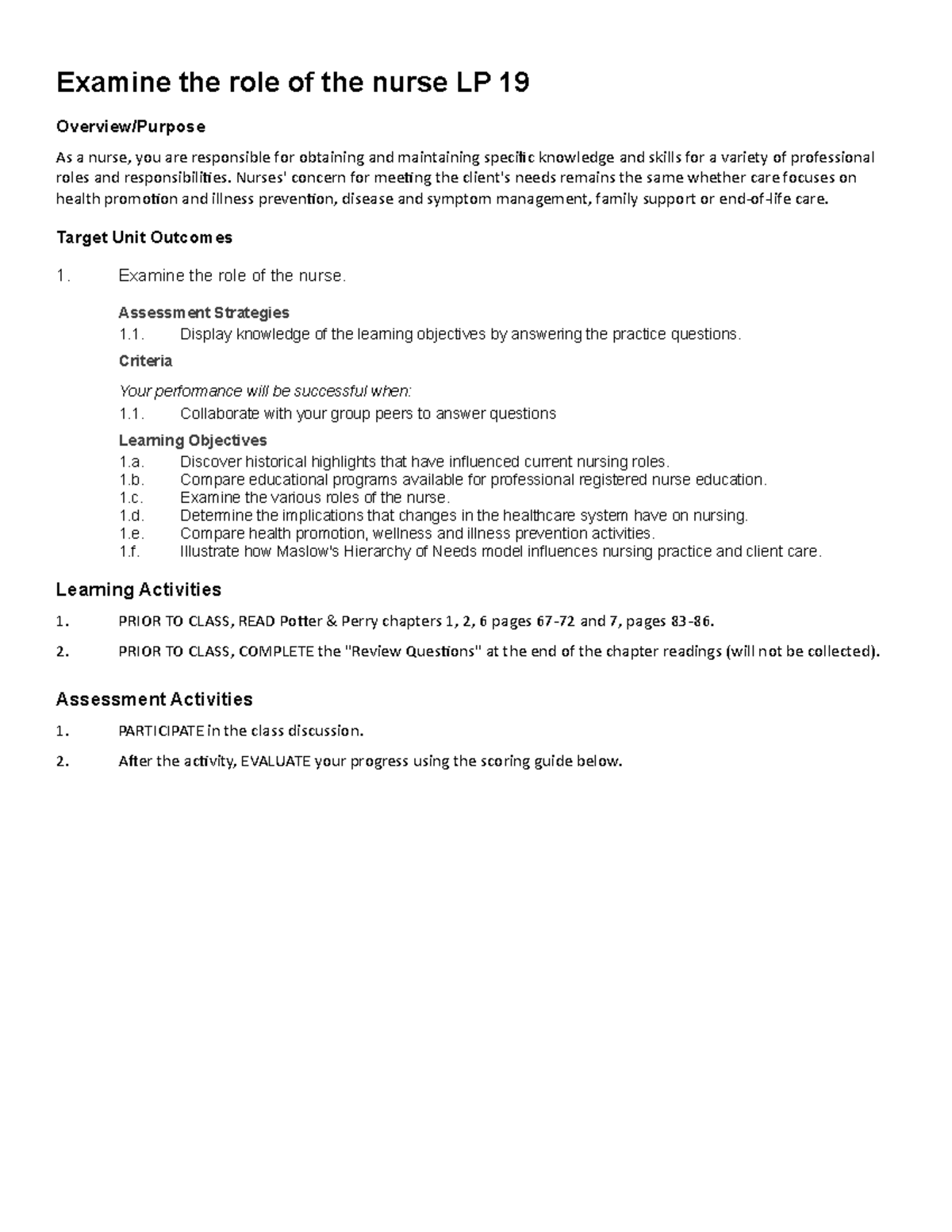 LP and PAT 19 Roles of the Nurse - Examine the role of the nurse LP 19 ...