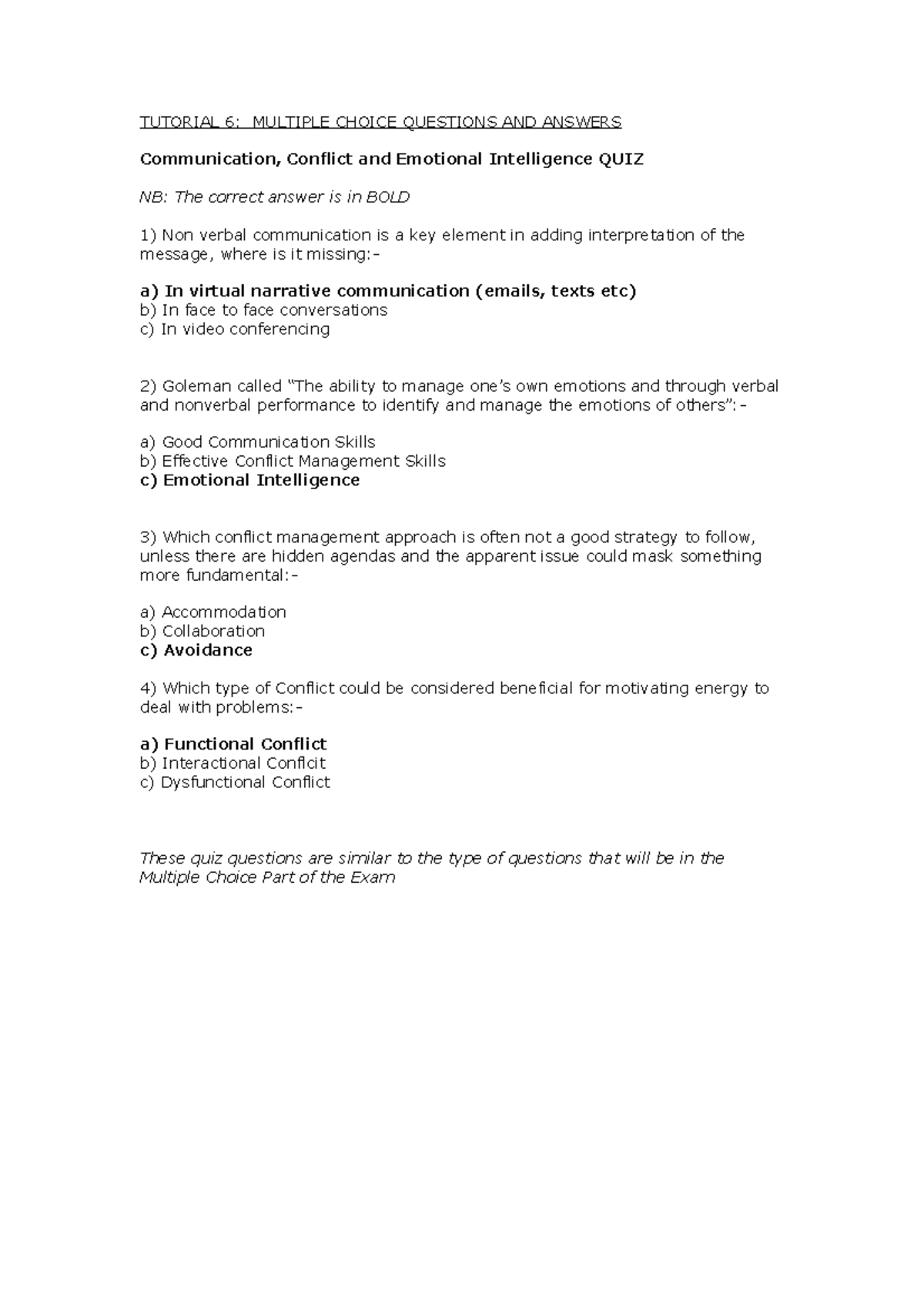 6 Multiple Choice Quiz Comm, Conflict and EI Questions and Answers ...