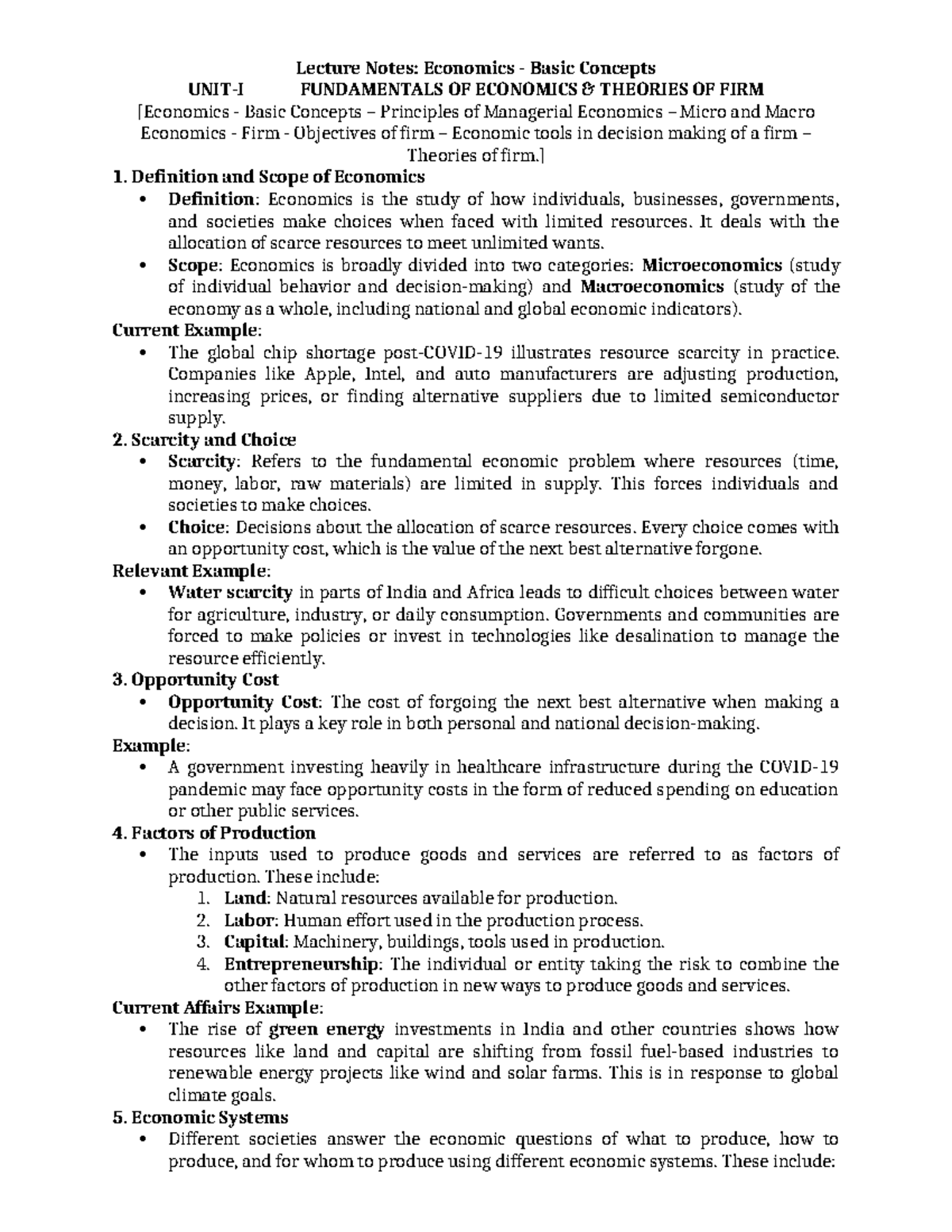 Lecture Notes 2 Lecture Notes Economics Basic Concepts Unit I Fundamentals Of Economics