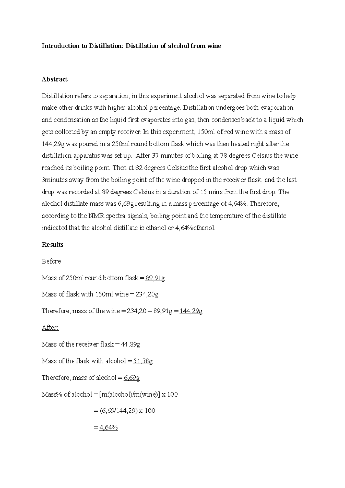 Chem220 Prac 2 - Introduction to Distillation: Distillation of alcohol ...