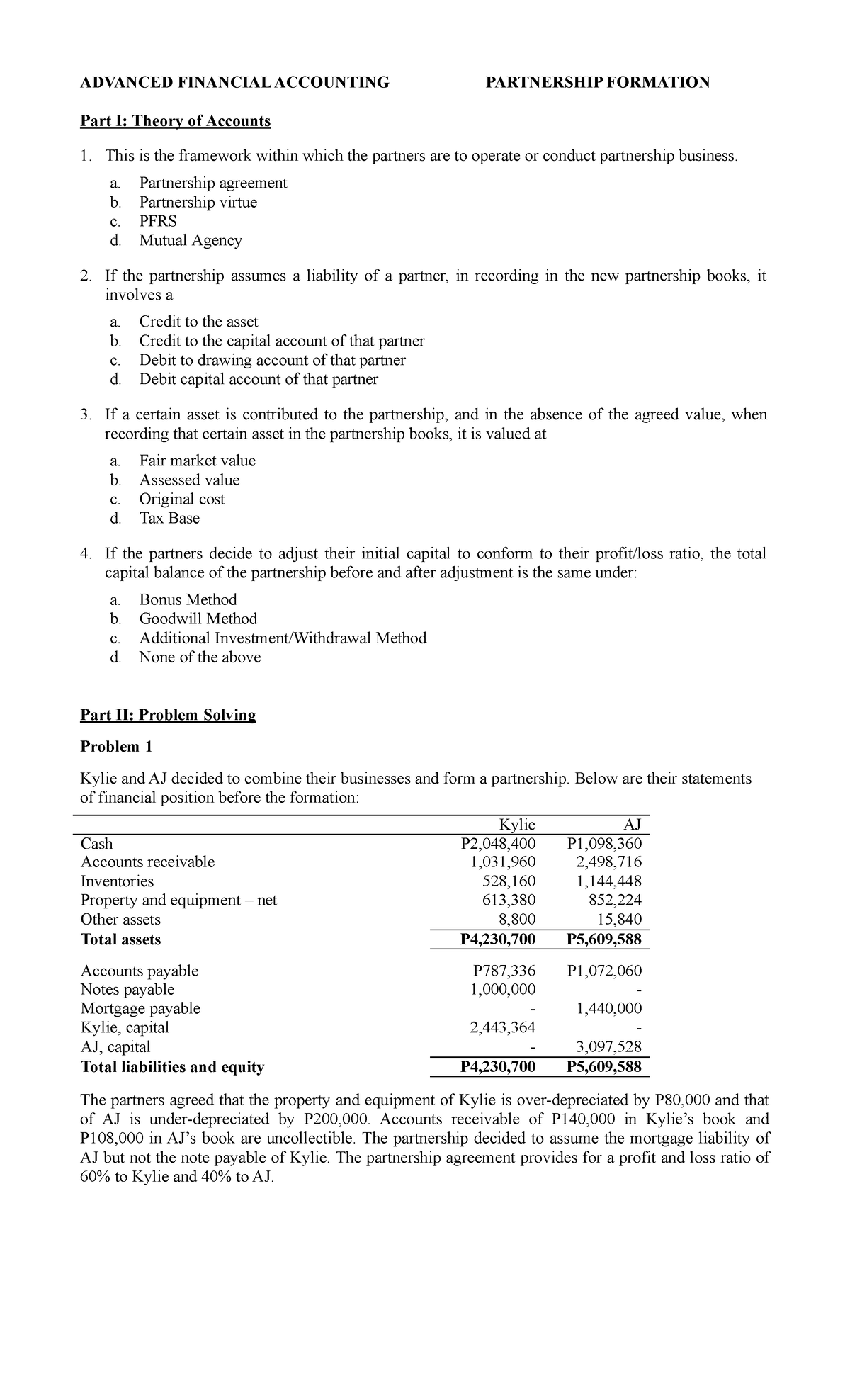 01 Partnership Formation Advanced Financial Accounting Partnership Formation Part I Theory