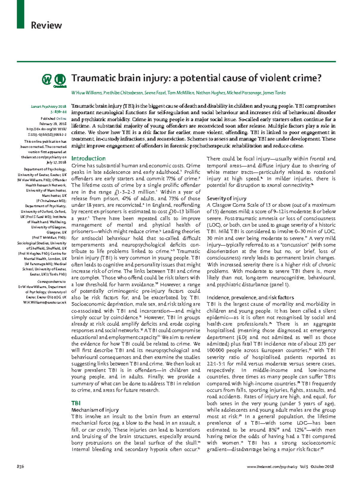 Traumatic brain injury and crime Lancet williams 2018 - Traumatic brain ...