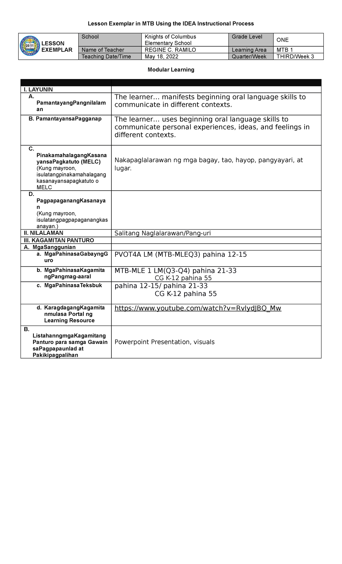 Regine -CO - N/a - Lesson Exemplar in MTB Using the IDEA Instructional ...