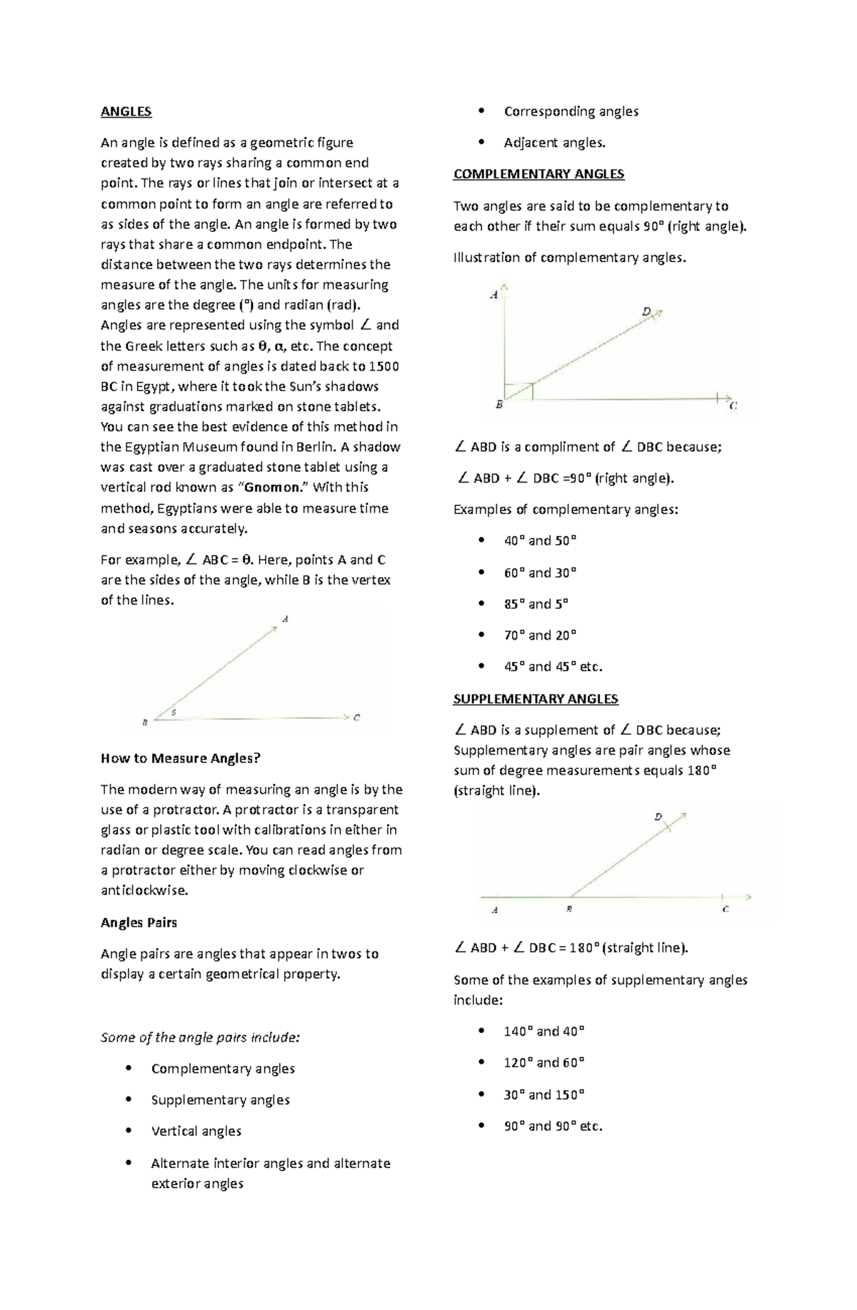 Angles - notes - ANGLES An angle is defined as a geometric figure ...