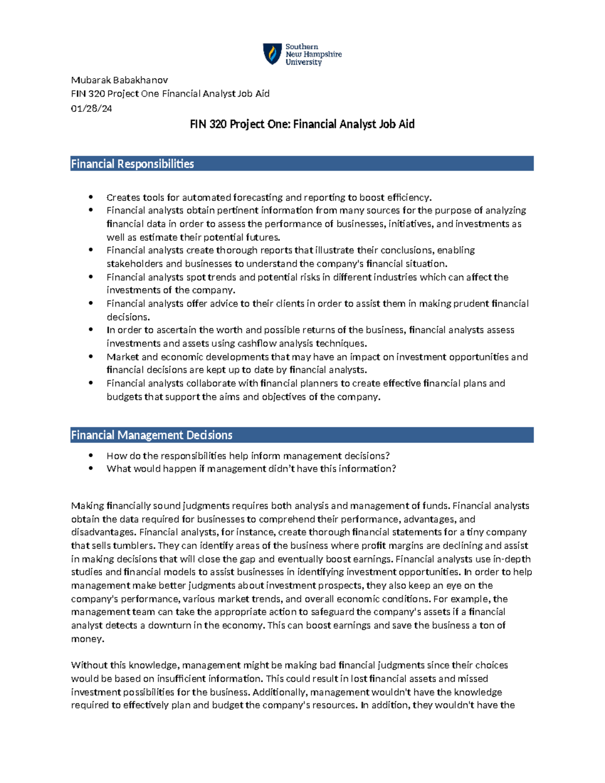 FIN 320 Project One Financial Analyst Job Aid - Mubarak Babakhanov FIN ...