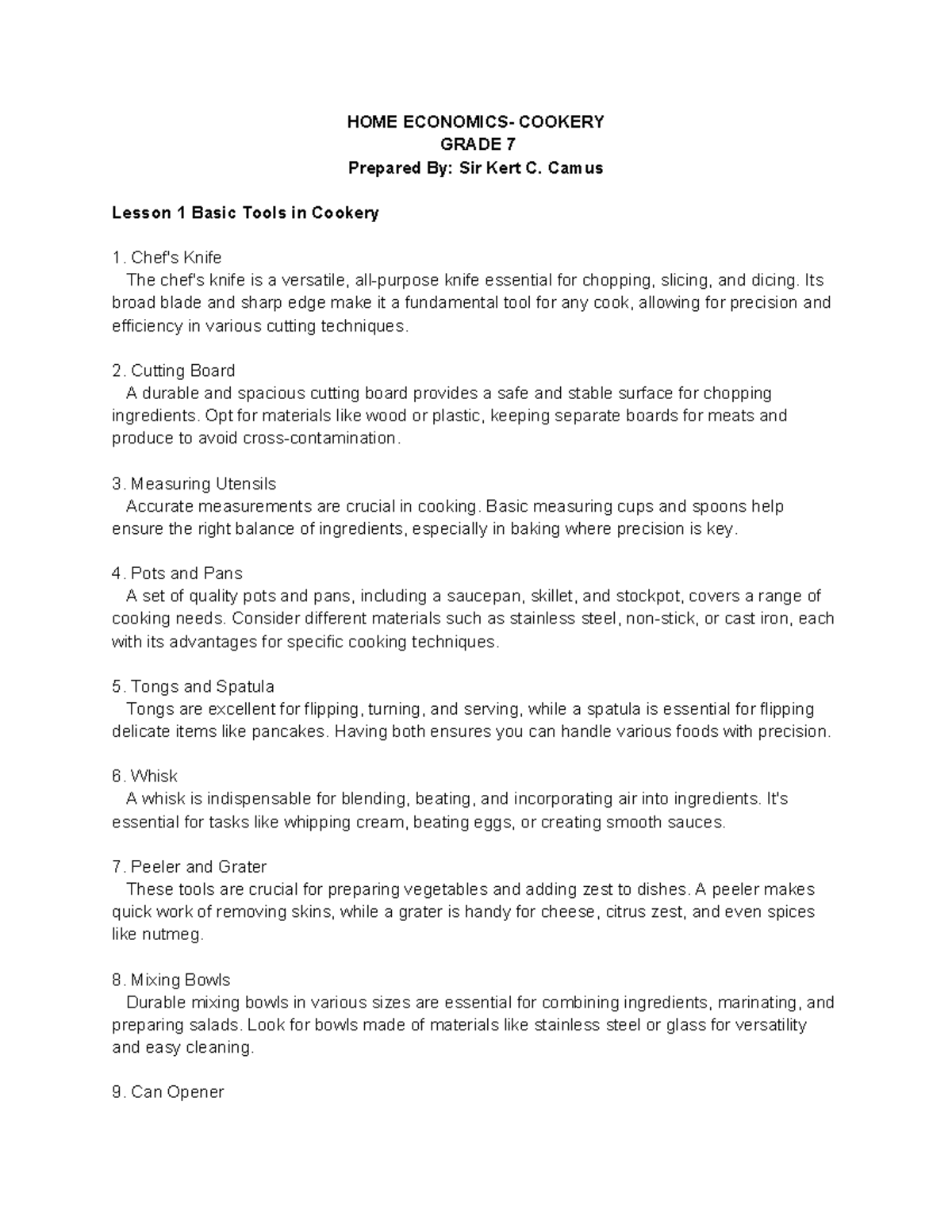 Cookery-Module - HOME ECONOMICS- COOKERY GRADE 7 Prepared By: Sir Kert ...