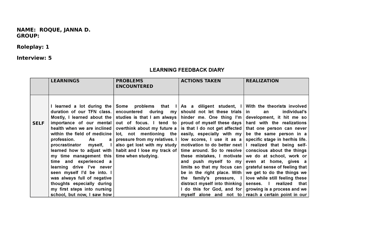 Learning-Feedback-Diary - NAME: ROQUE, JANNA D. GROUP: Roleplay: 1 Interview: 5 LEARNING ...