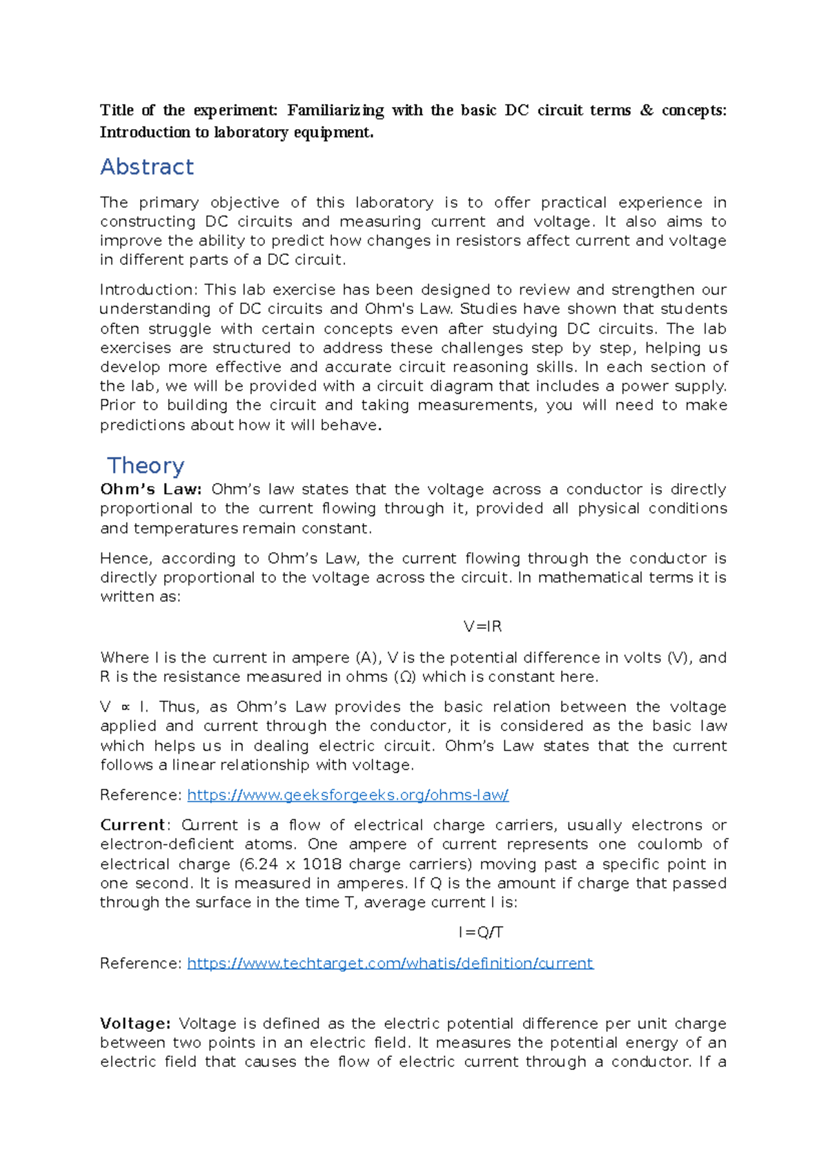 DC LAB #1 - ELECTRICAL CIRCUITS-1 LAB REPORT #01 - Title of the ...