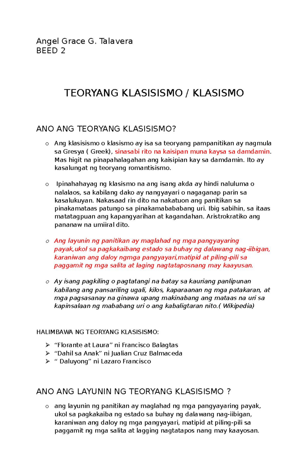 Teoryang Klasisismo - Angel Grace G. Talavera BEED 2 TEORYANG ...