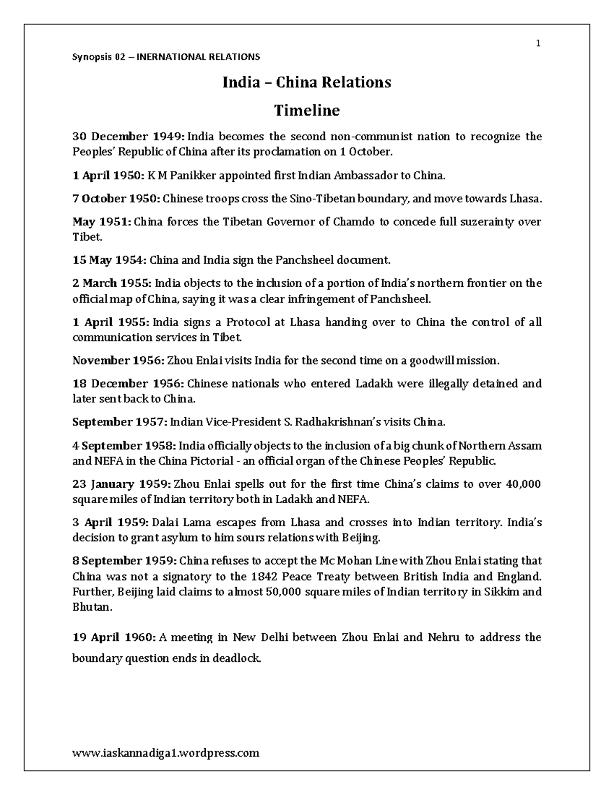 india and china - Synopsis 02 – INERNATIONAL RELATIONS India – China ...