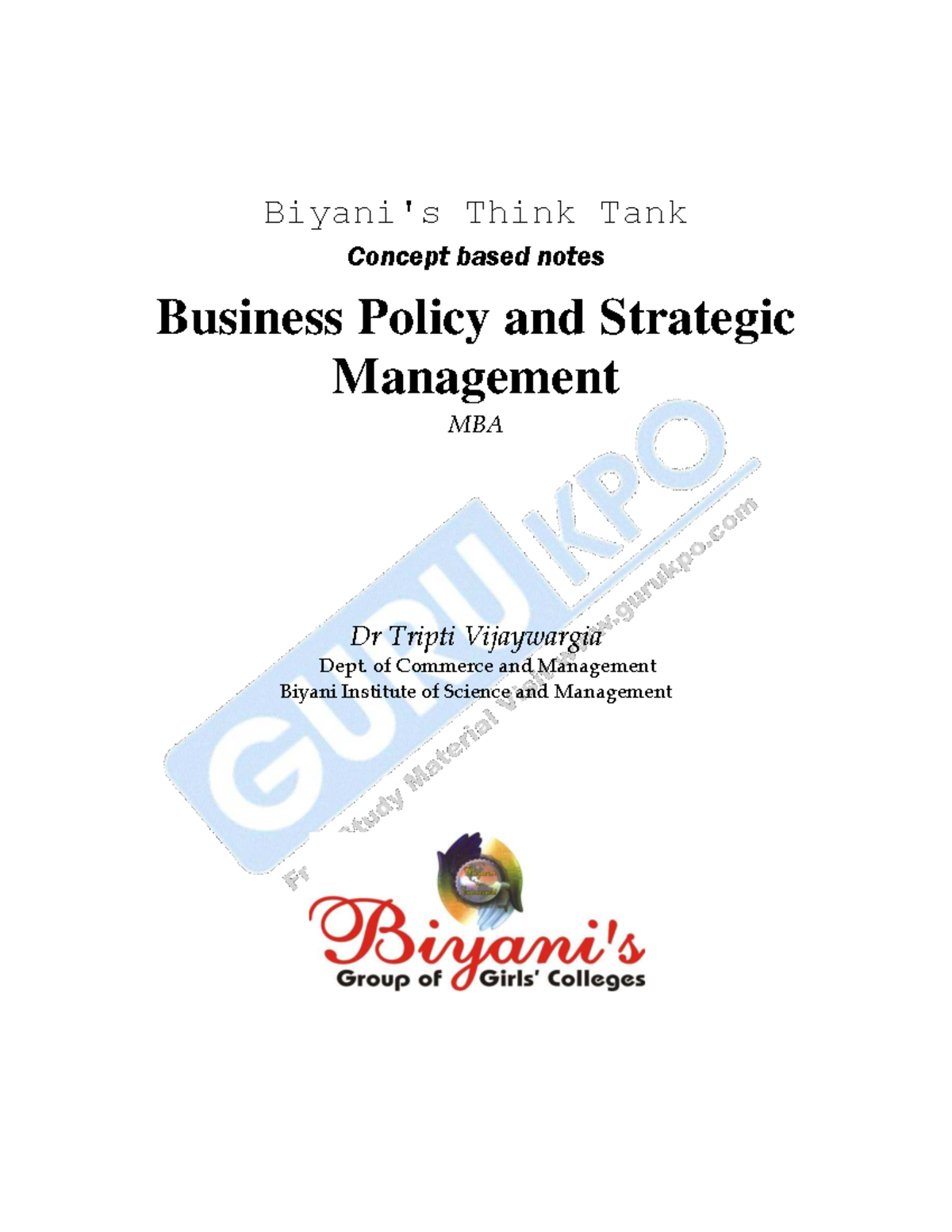 Business Policy and Strategic Management - Biyani's Think Tank Concept ...
