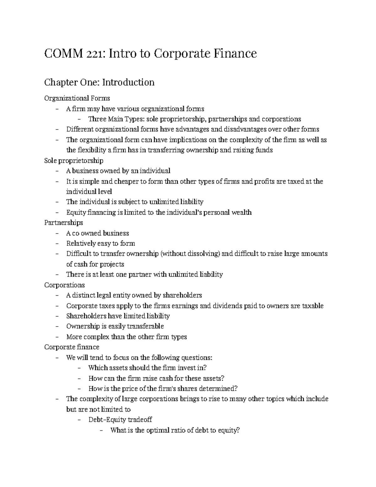 COMM 221 Intro to Corporate Finance - COMM 221: Intro to Corporate ...