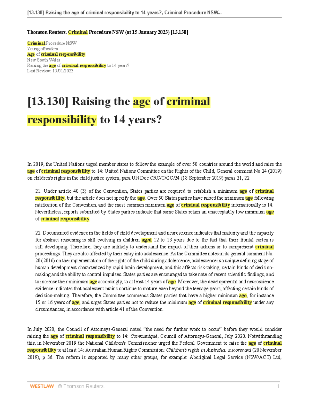 13130 Raising the age of criminal responsibility to 14 years - [13 ...