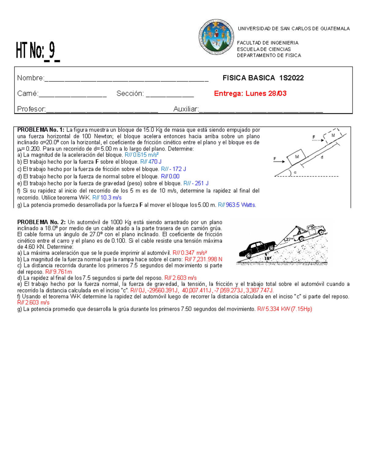 HOJA DE TRABAJO No. 9 Física básica. Trabajo I - UNIVERSIDAD DE SAN ...