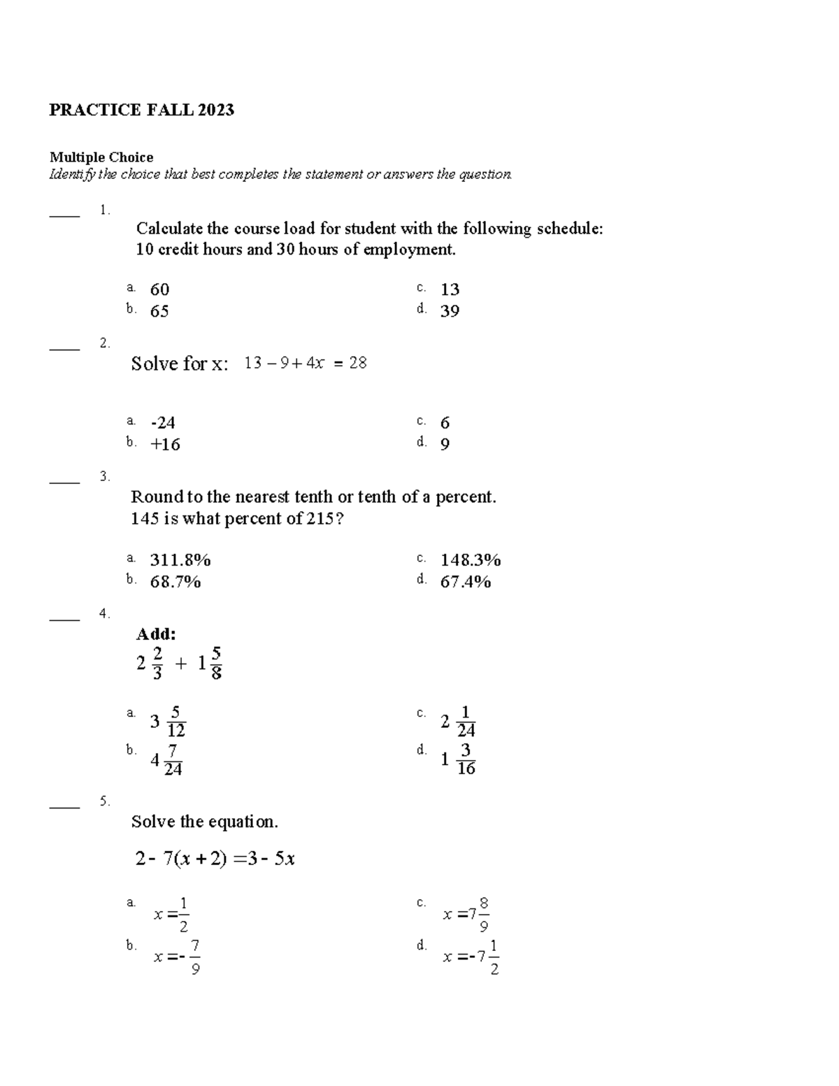 Algebra Midterm Fall 2023 Practice AP - PRACTICE FALL 2023 Multiple ...